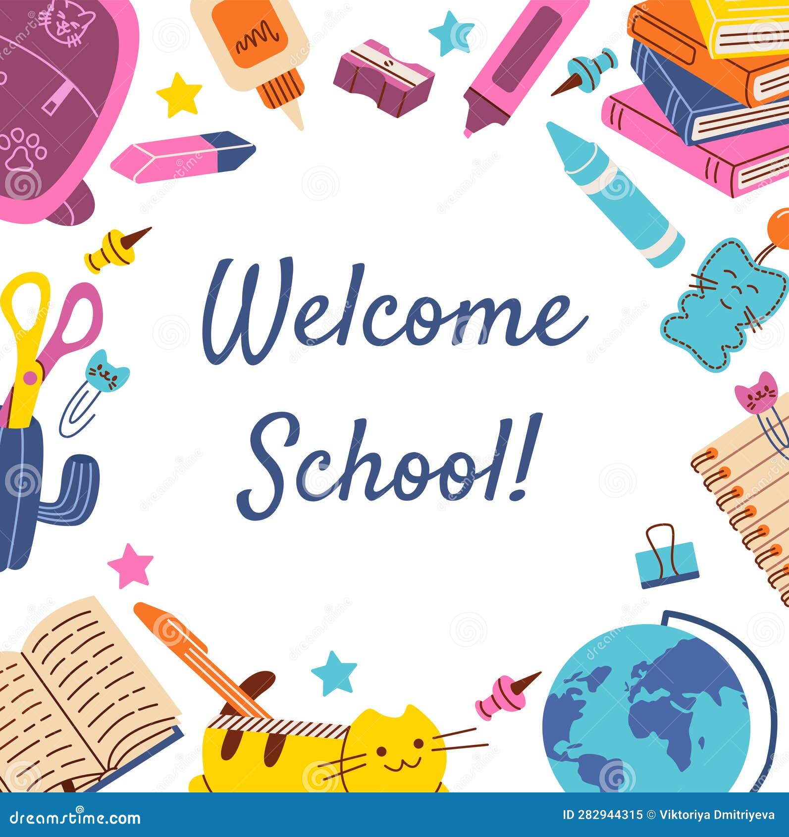 Welcom To School Vector Set Of Elements. Big Educational Clipart ...