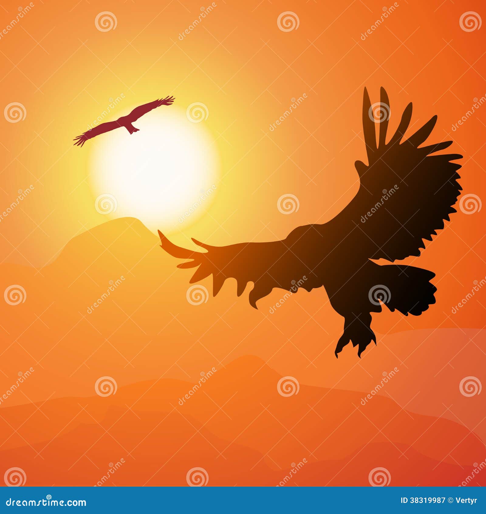 Square Cartoon Illustration of Soaring Eagle and Sunset. Stock Vector ...