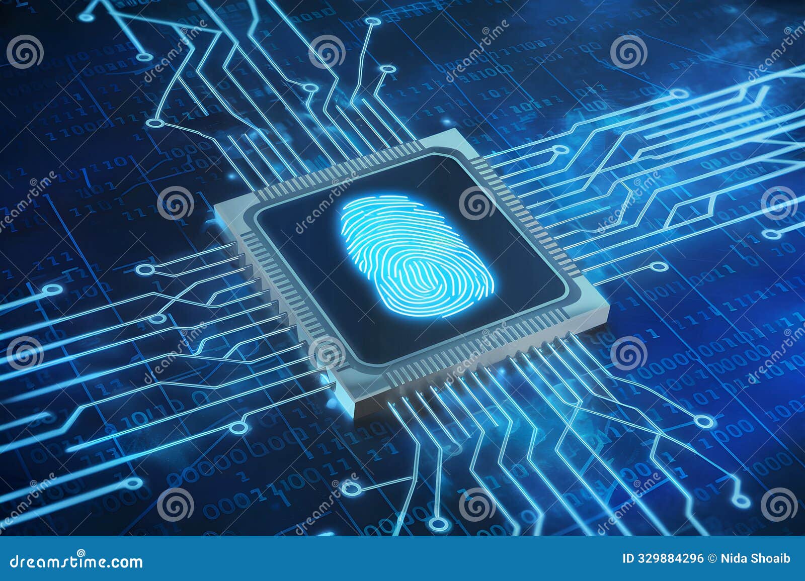 Square Chip with Glowing Fingerprint, Intricate Lines, and Binary Code ...