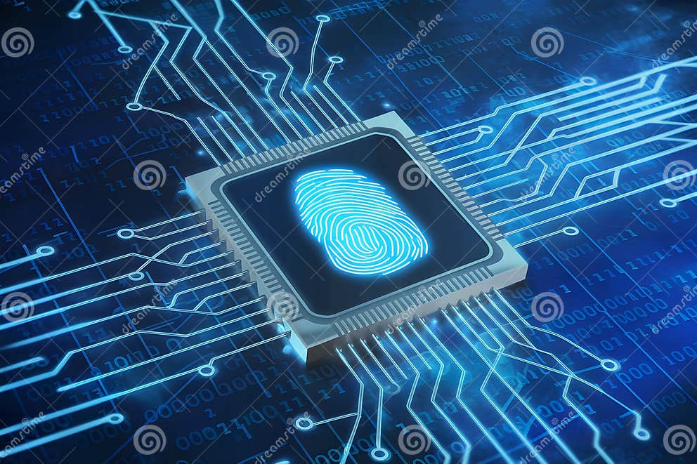 Square Chip with Glowing Fingerprint, Intricate Lines, and Binary Code ...