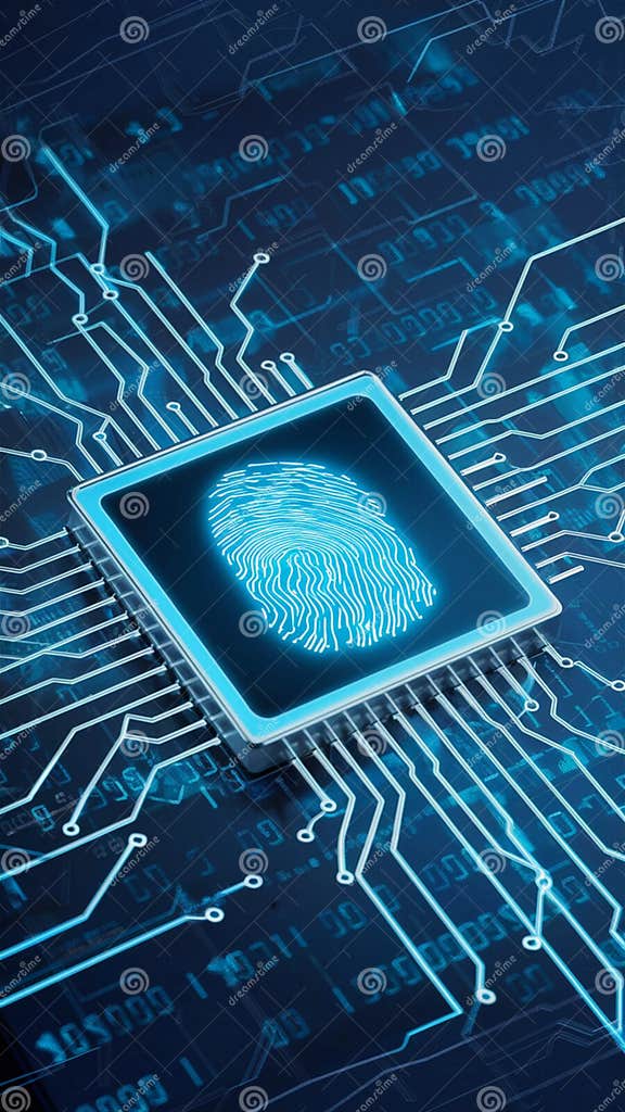 Square Chip with Glowing Fingerprint, Intricate Lines, and Binary Code ...