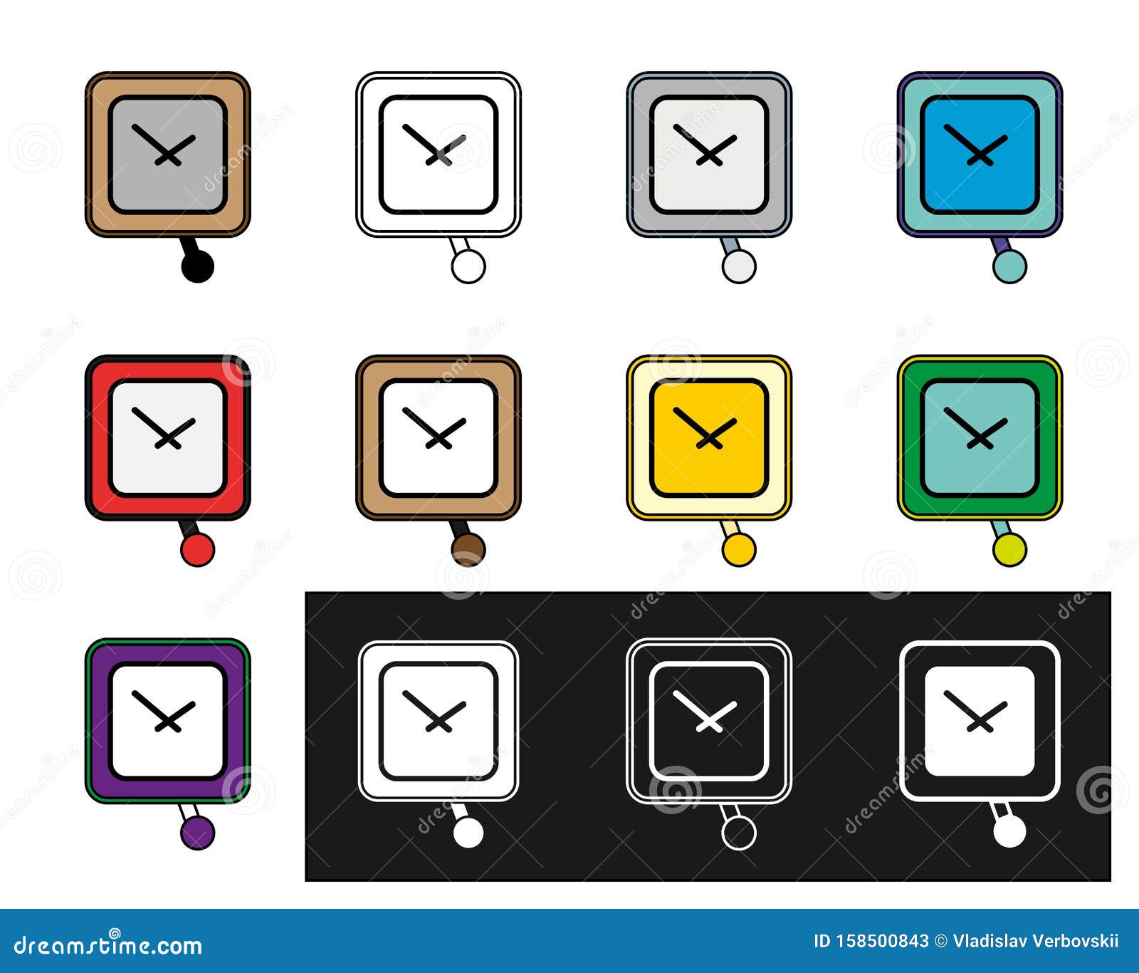 Square Clocks Showing Different Time Hours Symbols Icons Signs Logos ...