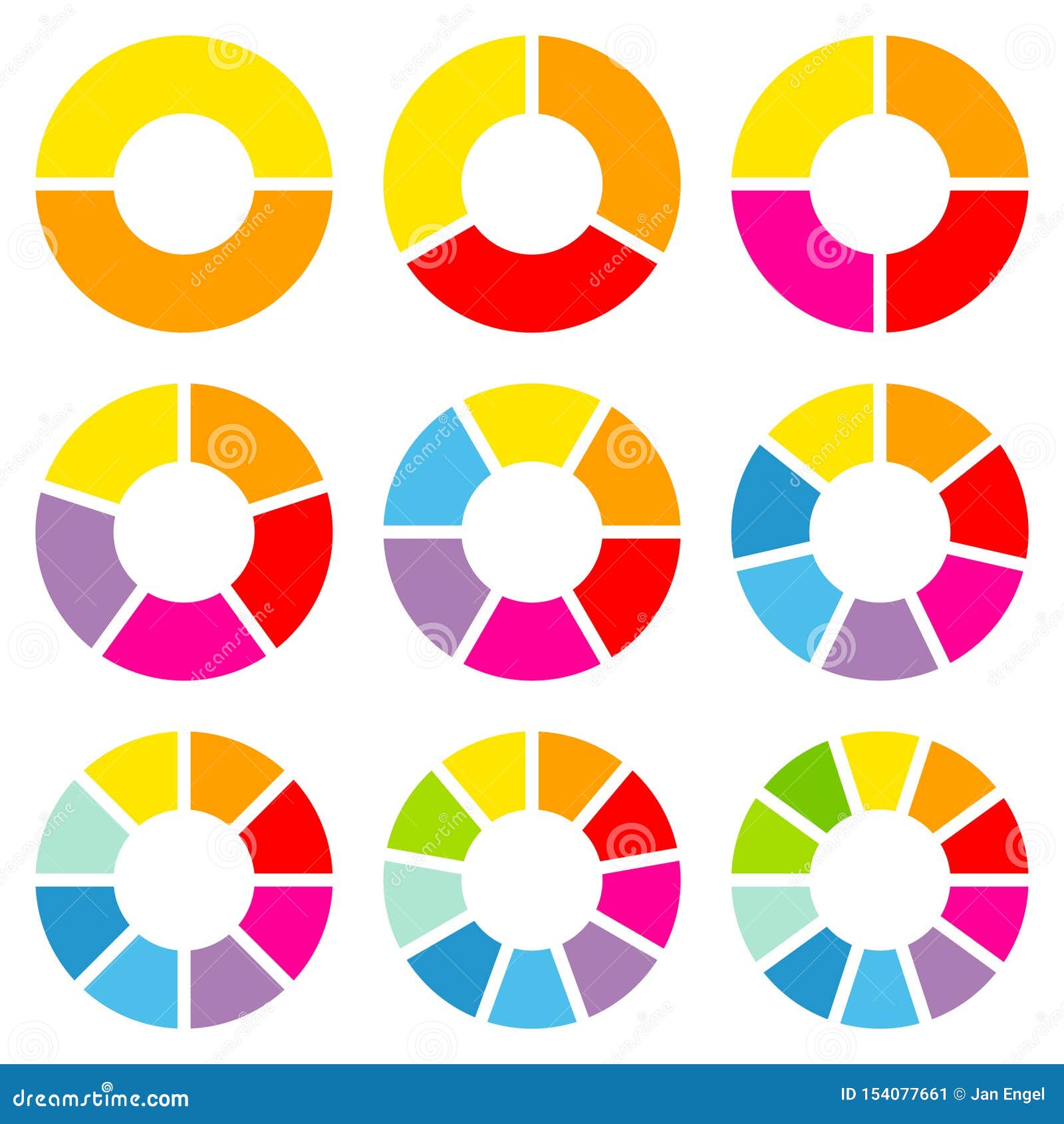 Square Set of Nine Round Different Pie Charts Rainbow Color Stock ...