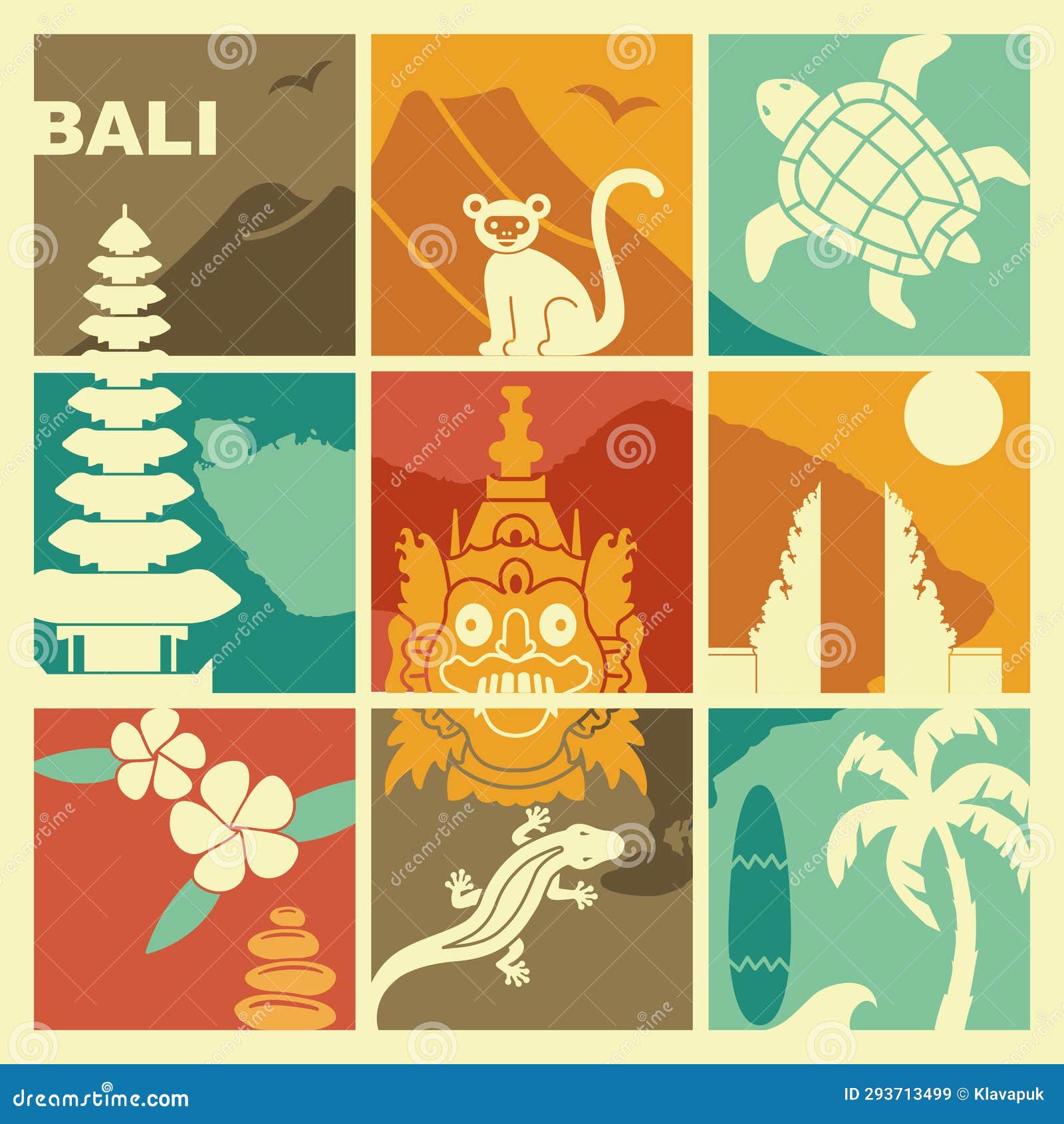 Square Composition on the Theme of Bali Attractions in Retro Style ...