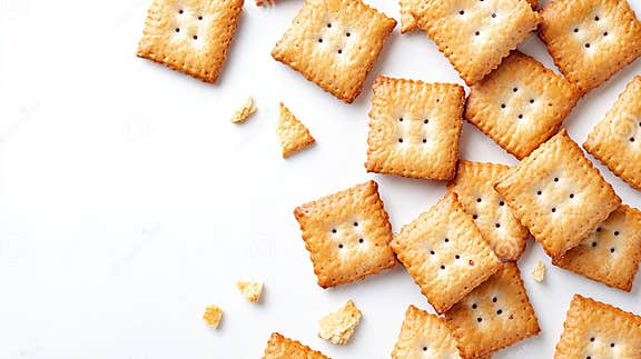 Square Crackers Scattered on White Background, Some Broken Pieces ...
