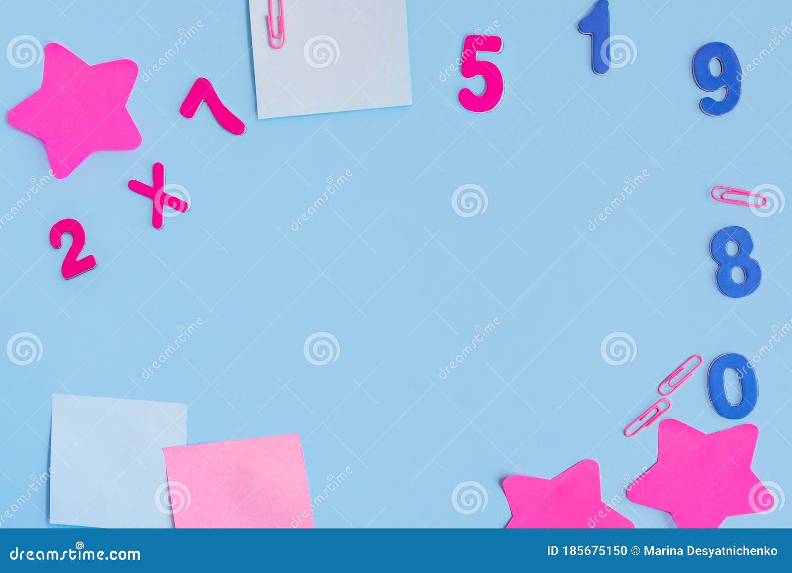 Square and Curly Stickers, Numbers and Paper Clips on a Blue Background ...