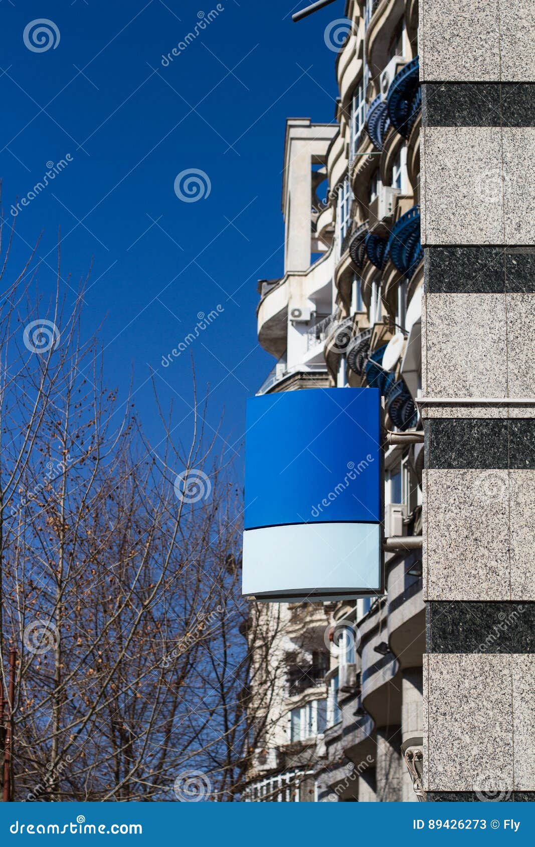 Square Empty Blue Signboard on a Building with Modern Architecture ...