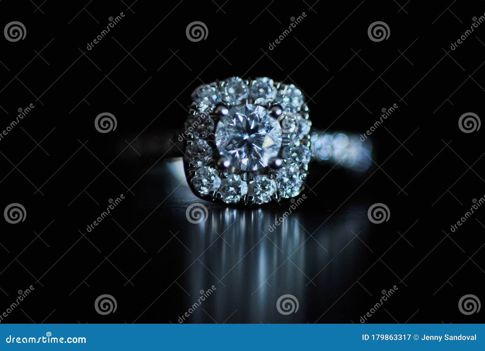 Square Engagement Ring Against a Black Ground. Stock Image - Image of ...