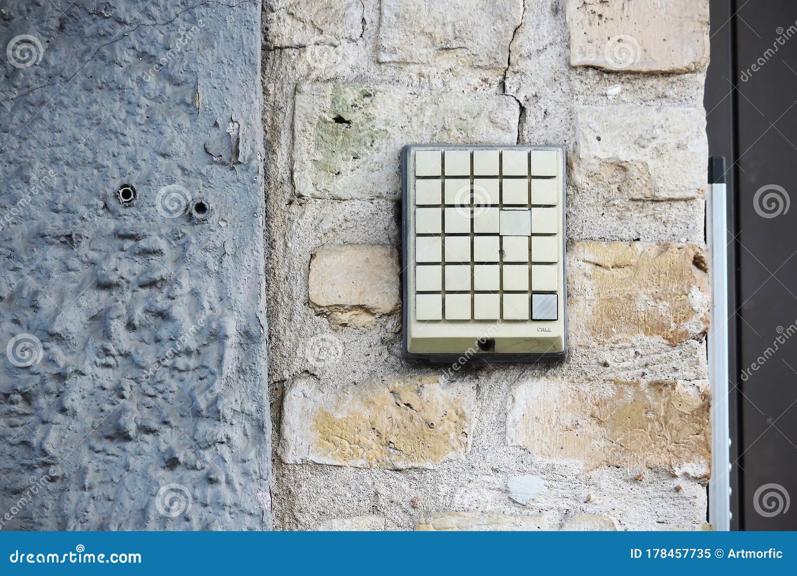Square Entrance Old Broken Intercom Buttons on Brick Wall Stock Image ...