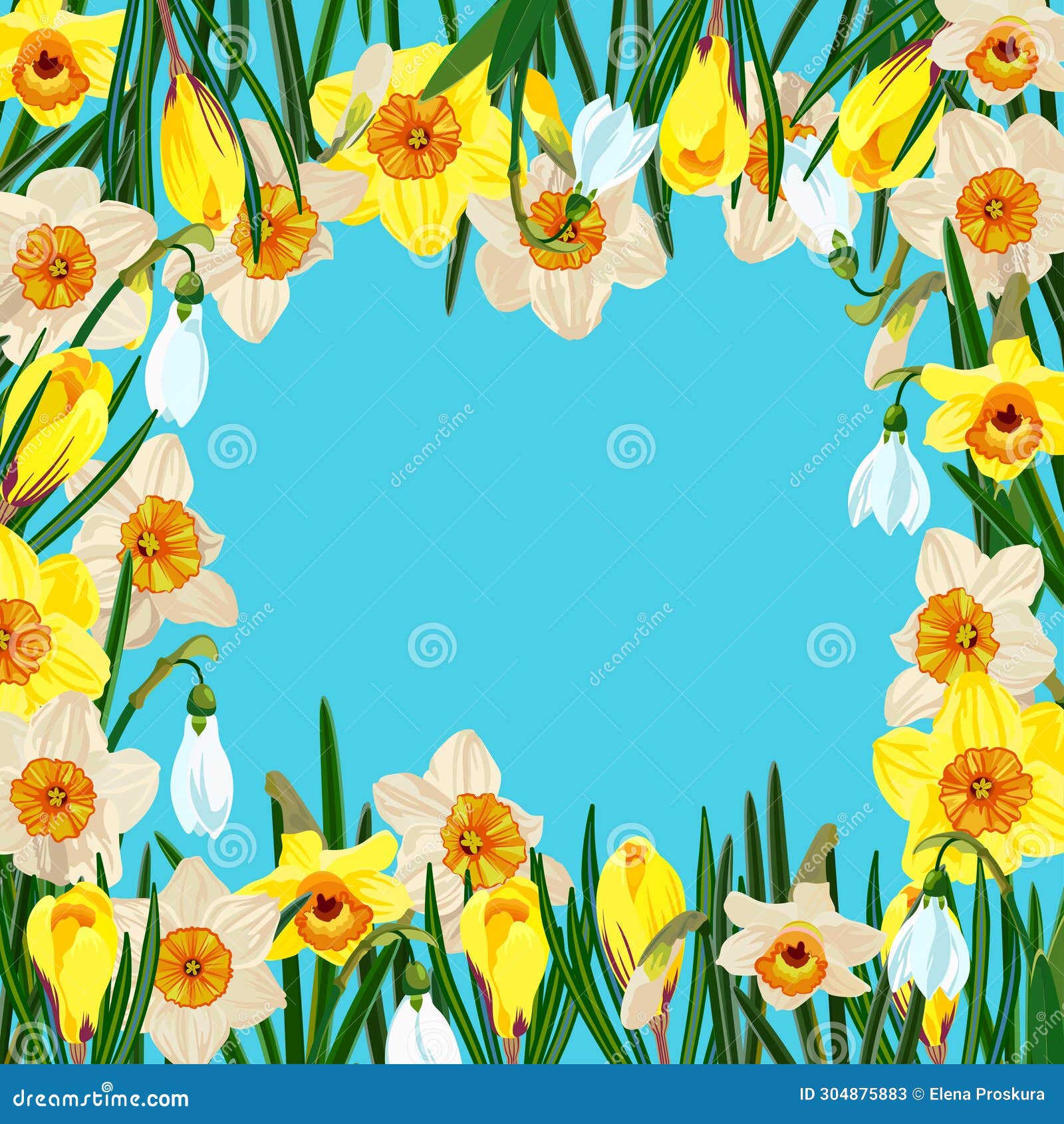 Square Floral Frame Frame with Daffodils, Snowdrops, Crocuses. Stock ...