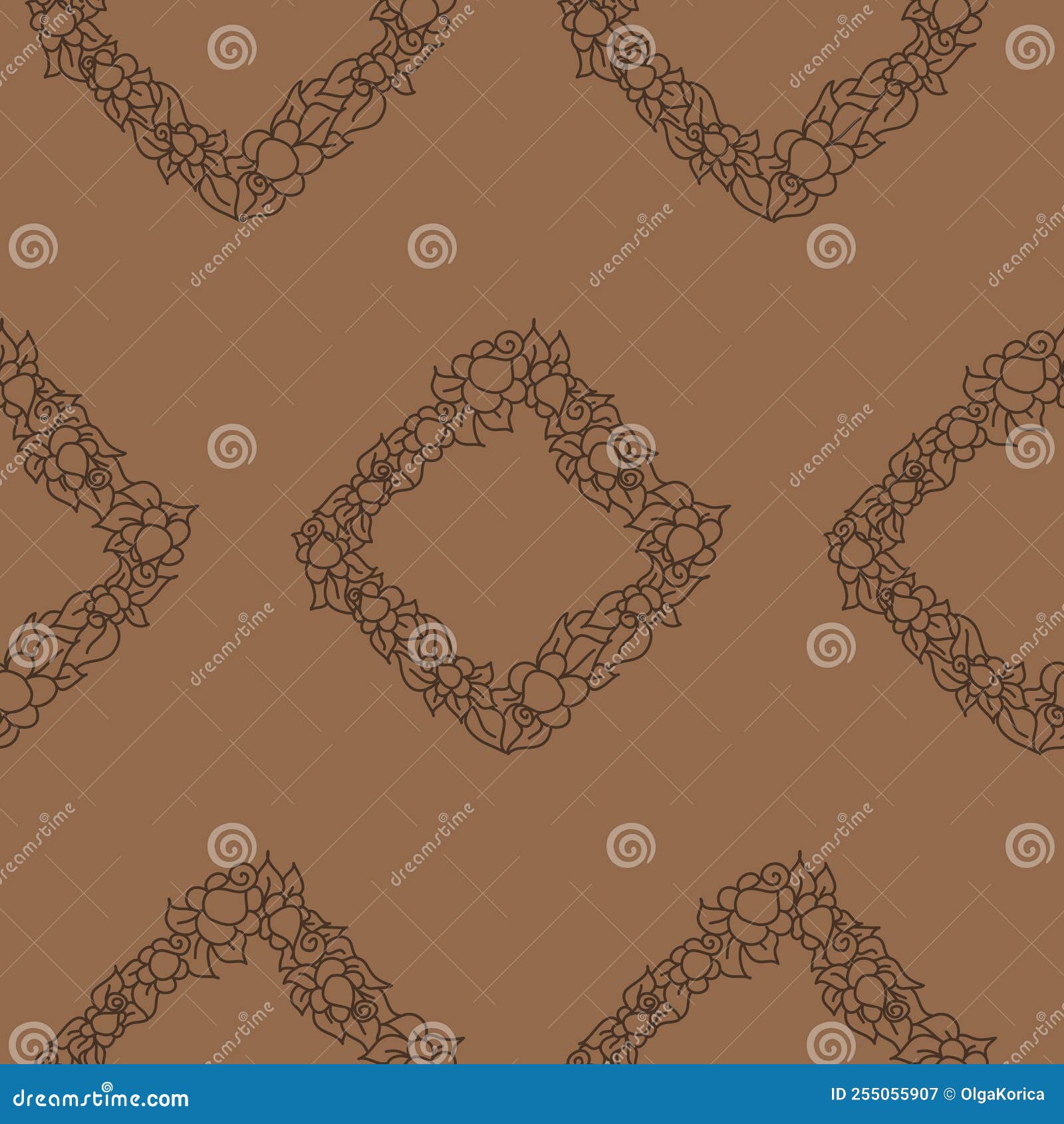 Square with Flowers and Leaves, Brown Beige Seamless Pattern for Design ...