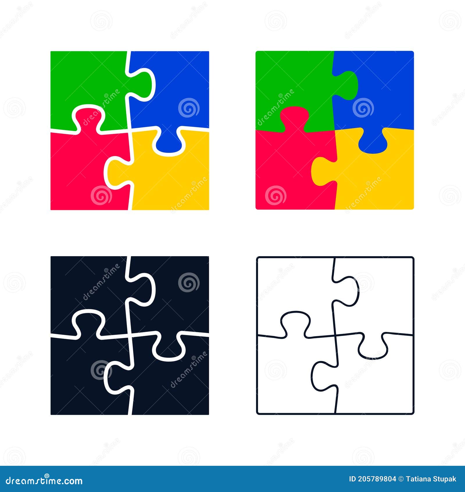 Square Four Part Puzzle, Vector Isolated Simple Set Stock Vector ...