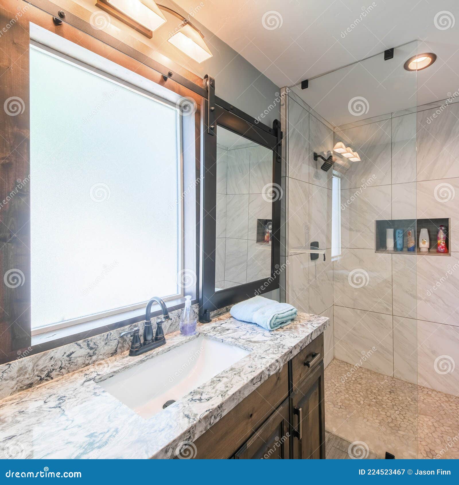 Square Frame Bathroom Interior with Tile Walls, Warm Lightnings and ...