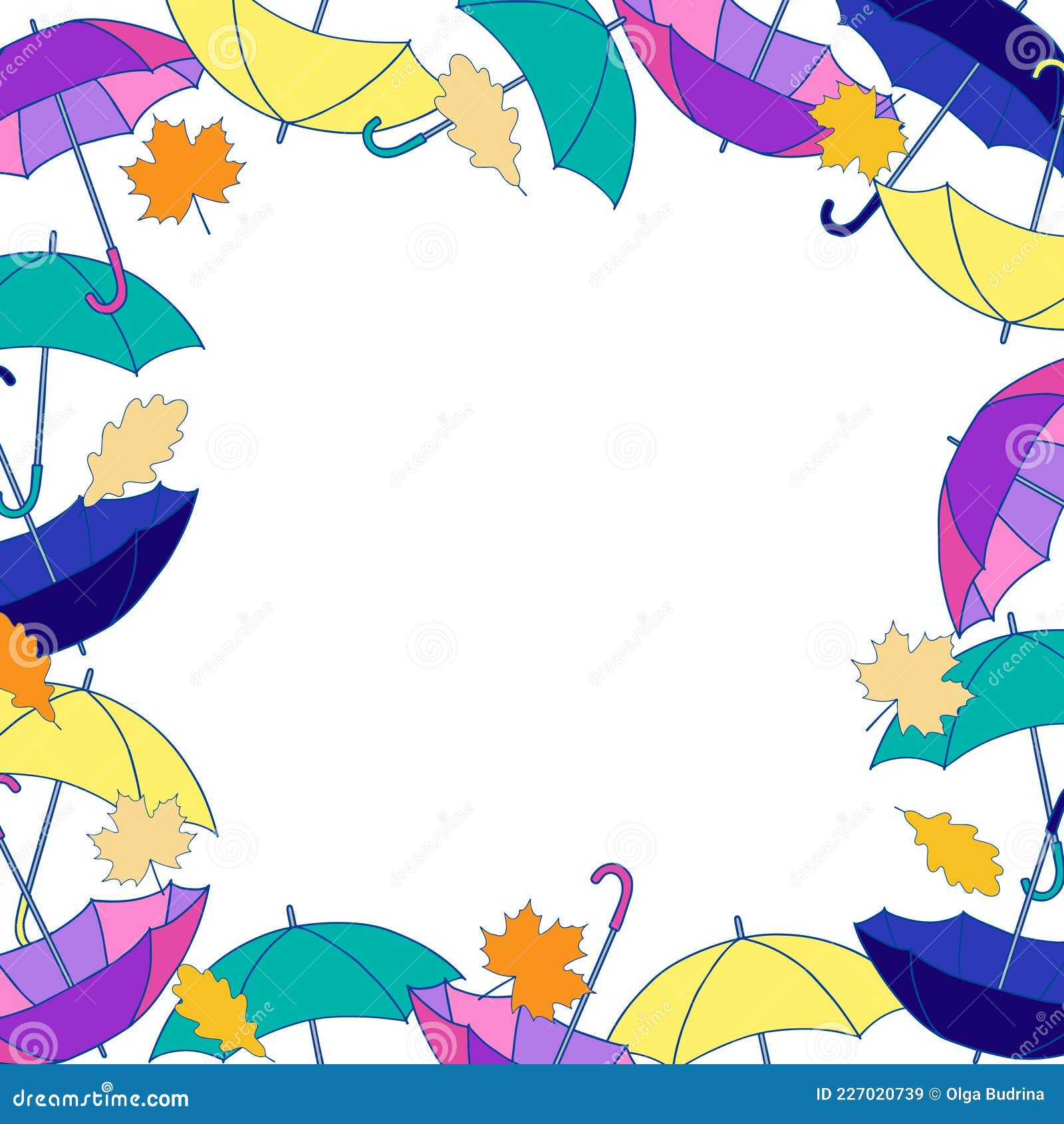 Square Frame with Bright Umbrellas and Autumn Leaves on a White ...