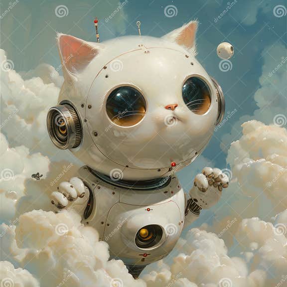 Square Frame Capturing the Curious Gaze of a White Robot Cat, Floating ...