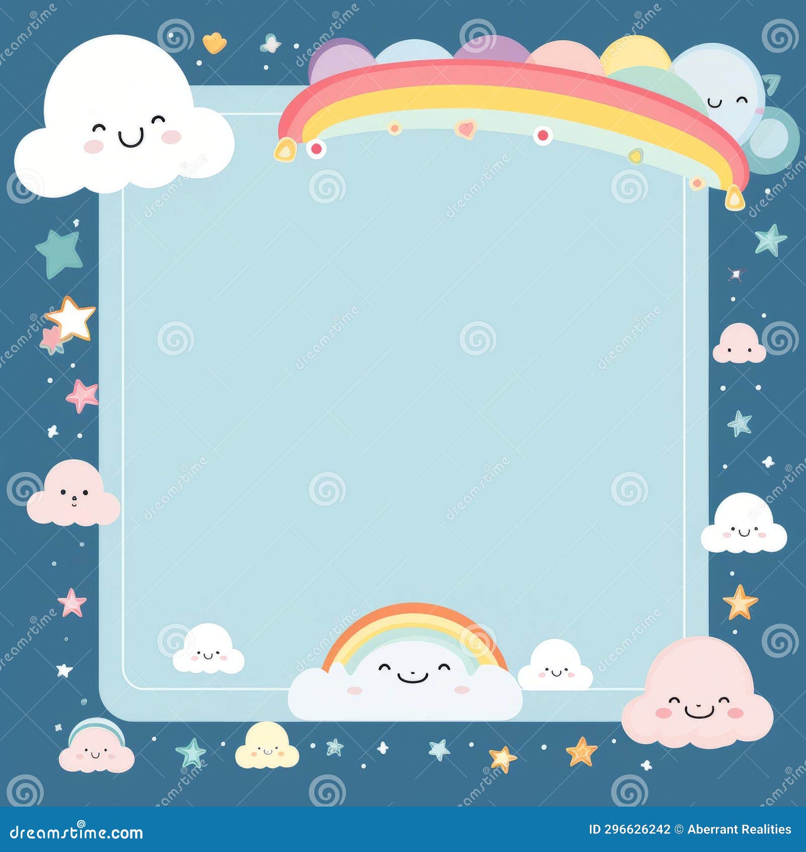 A Square Frame with Clouds Rainbows and Stars on a Blue Background ...