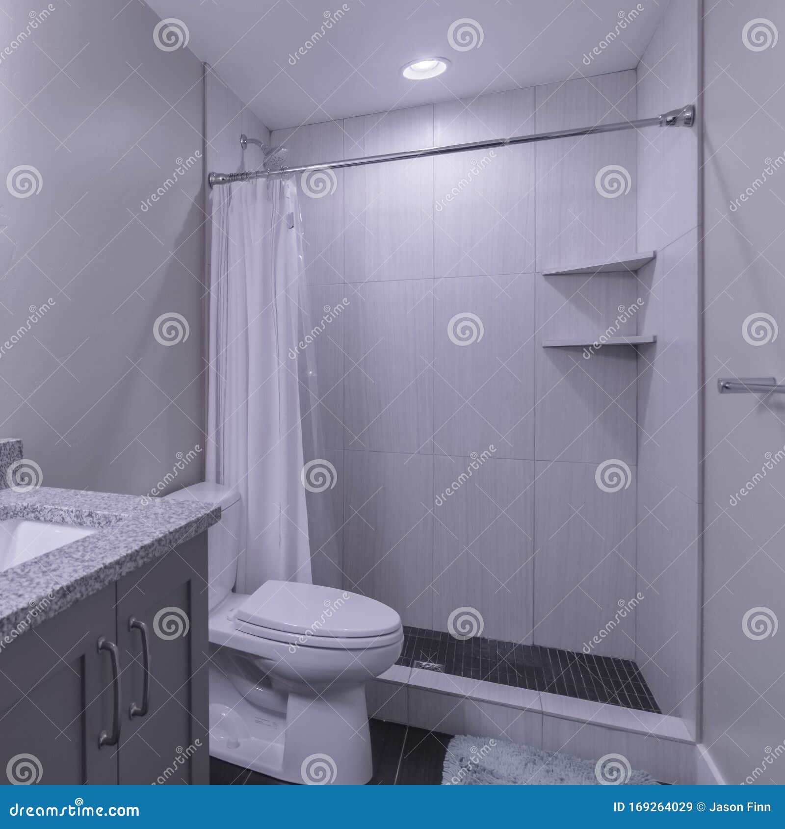 Square Frame Compact Grey Decorated Bathroom With Show Bright