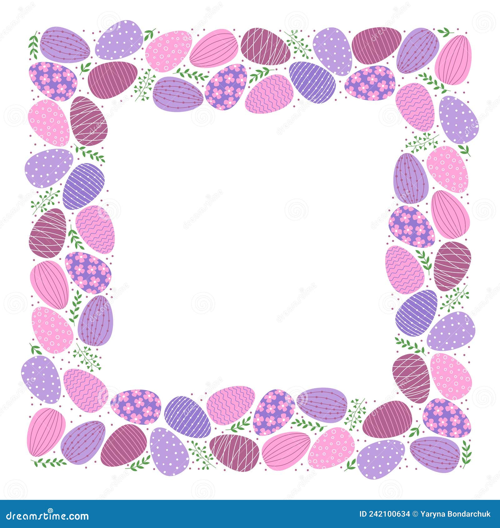 Square Frame of Easter Decorated Eggs and Leaves. Flat Style Eggs in ...