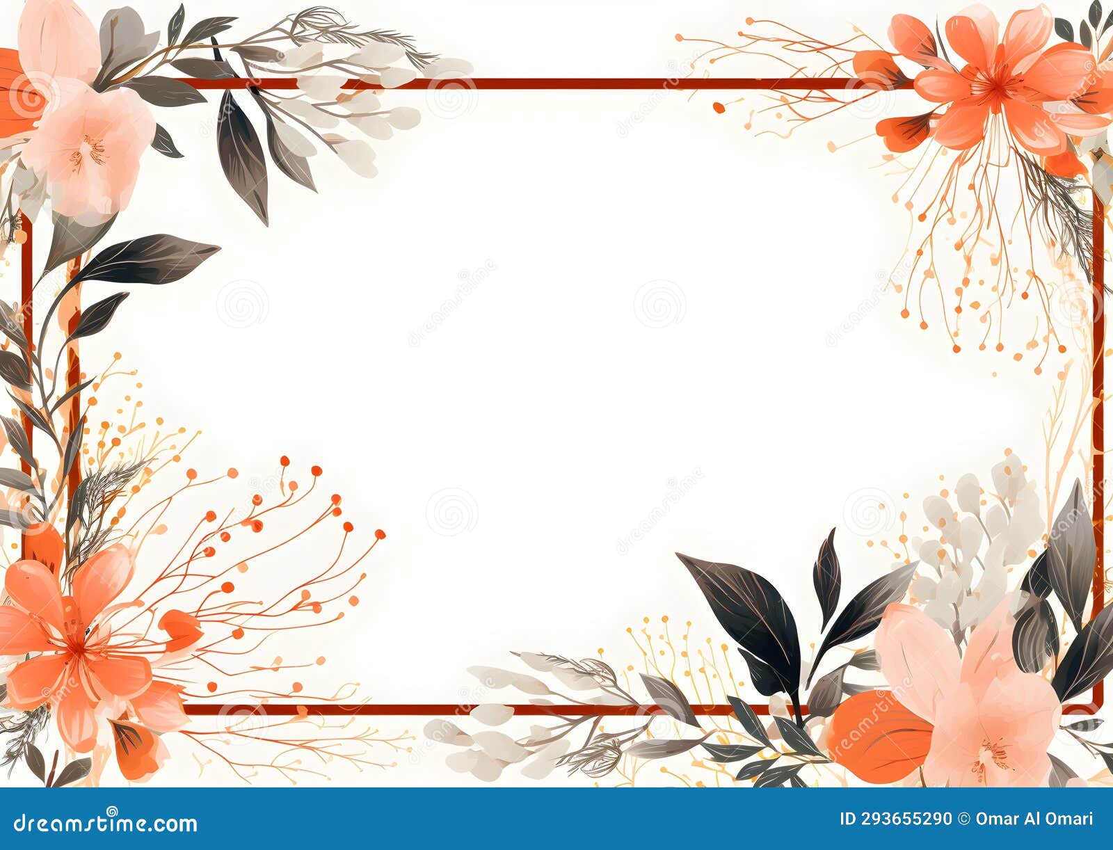 A Square Frame with Flowers and Leaves on a White Background. Abstract ...