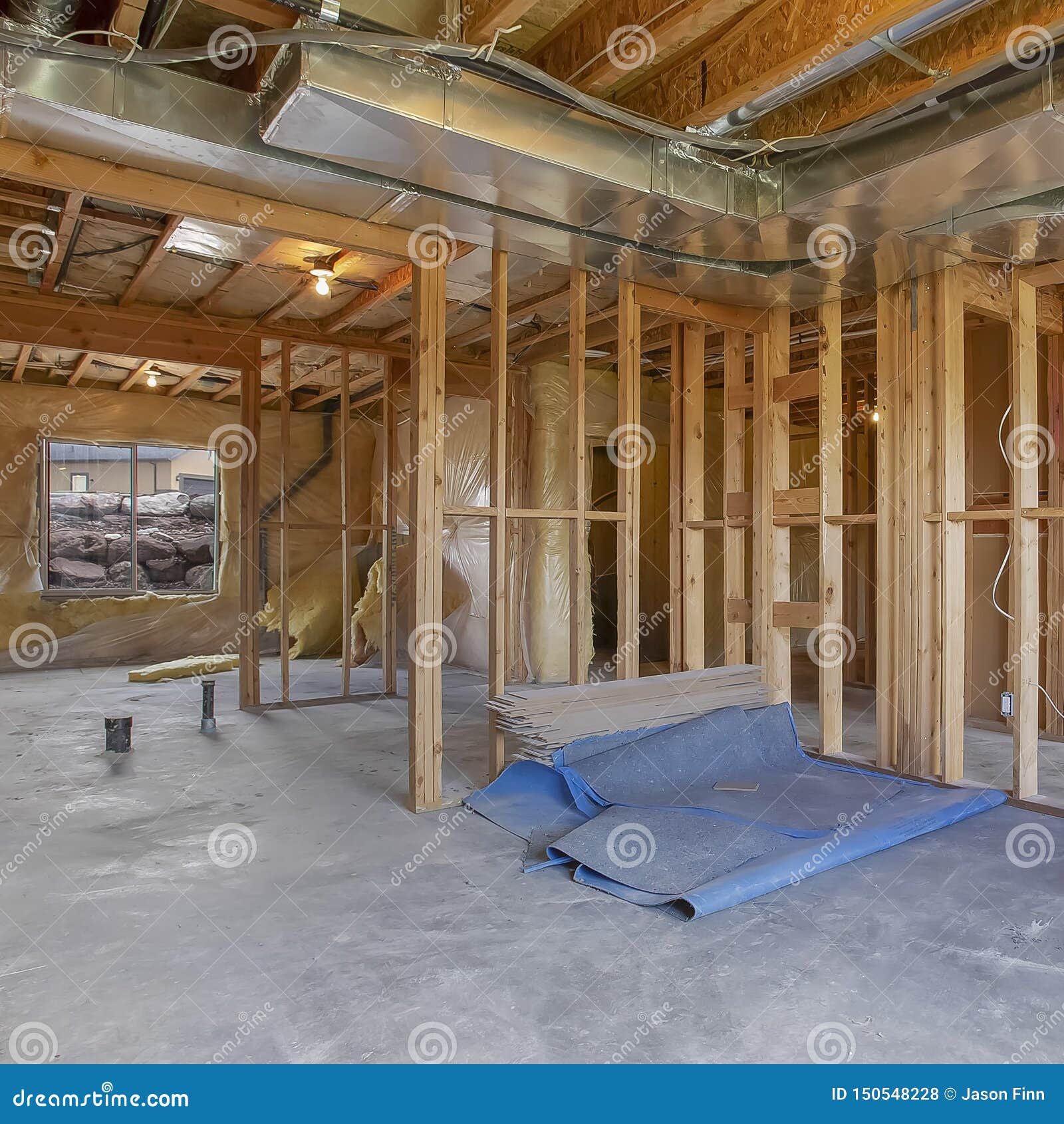 Square Frame House Interior Under Construction with Air Conditioning ...