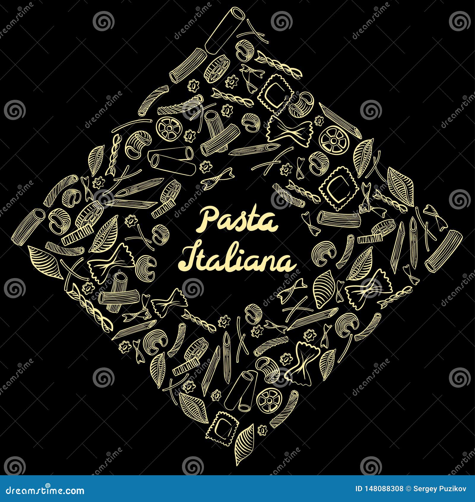 Square Frame with Italian Macaroni of Different Kinds. Light Yellow ...