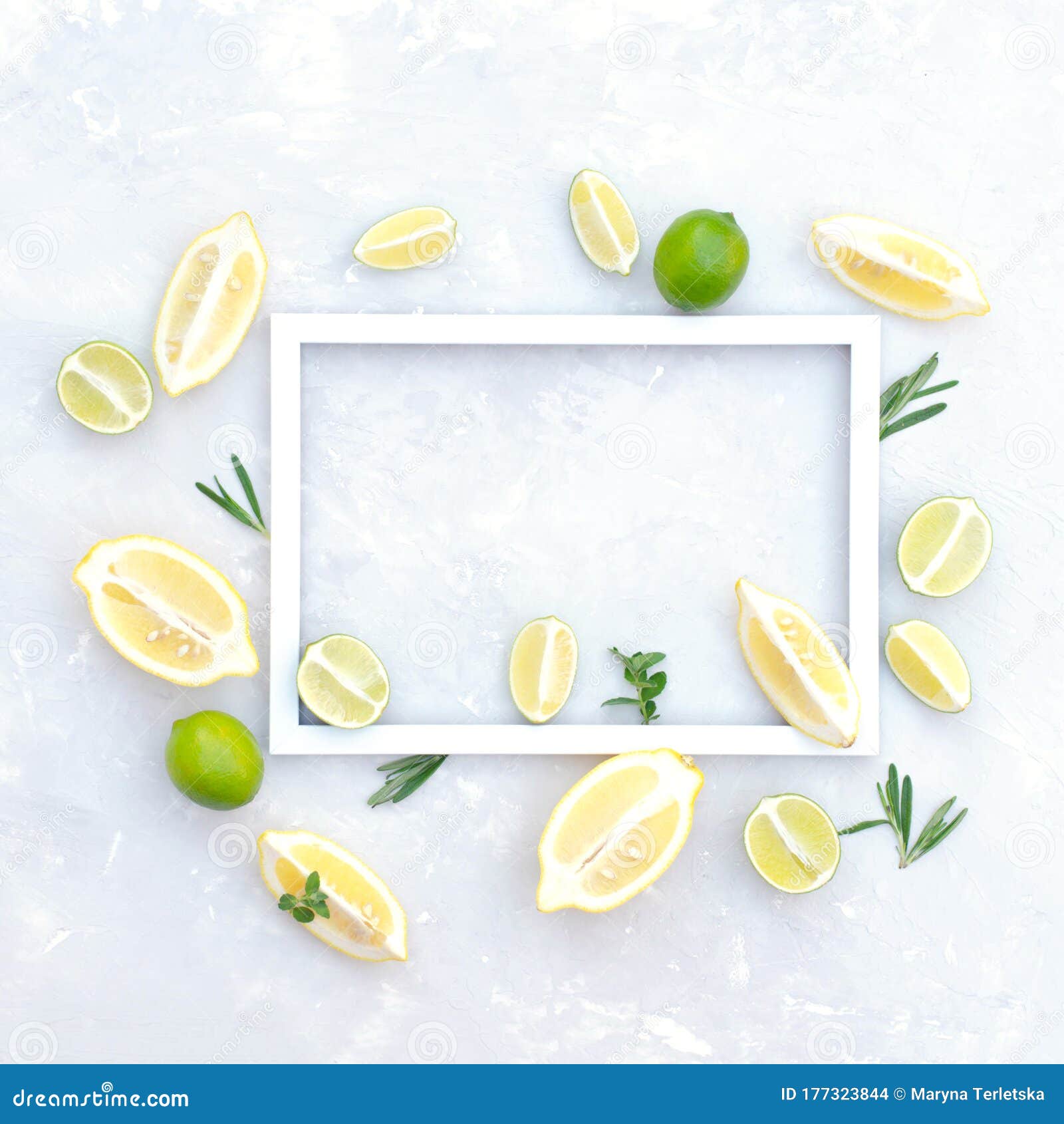 Square Frame of Lemons, Lime, Mint and Rosemary on a Concrete ...