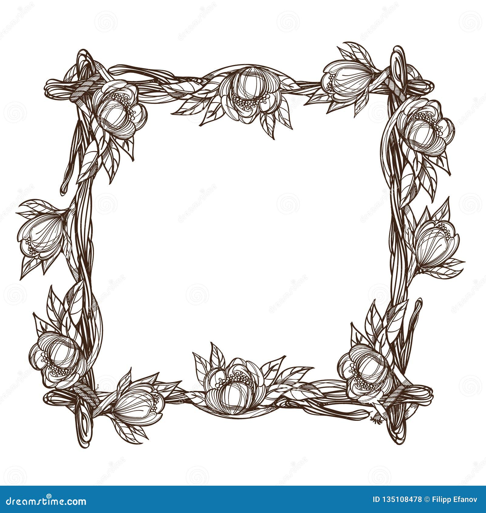 Square Frame Made of Branches with Lush Flowers. Decorative Outline ...