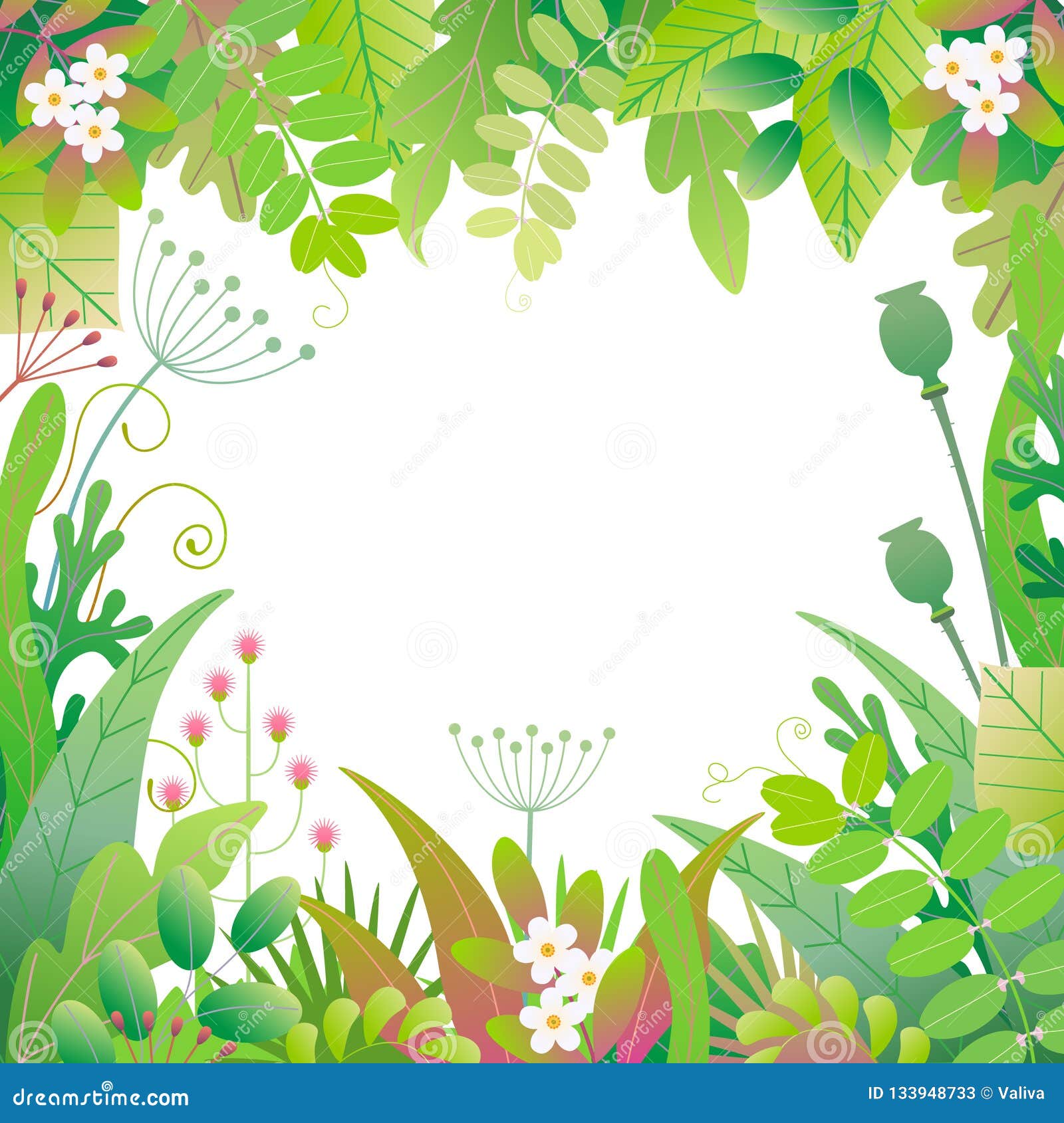 Square Floral Frame with Green Plants Stock Vector - Illustration of ...