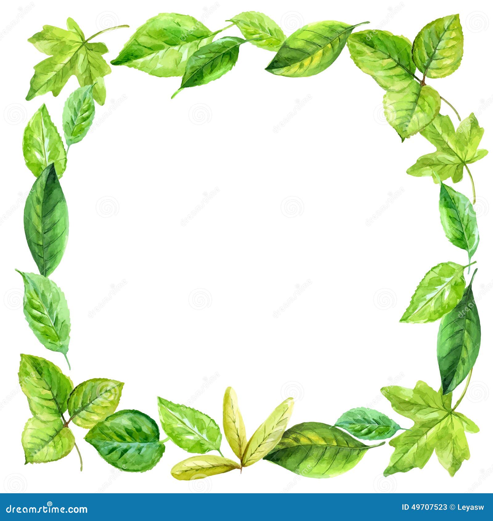 Square Frame Made of Various Leaves in Watercolor. Hand-painted Design ...