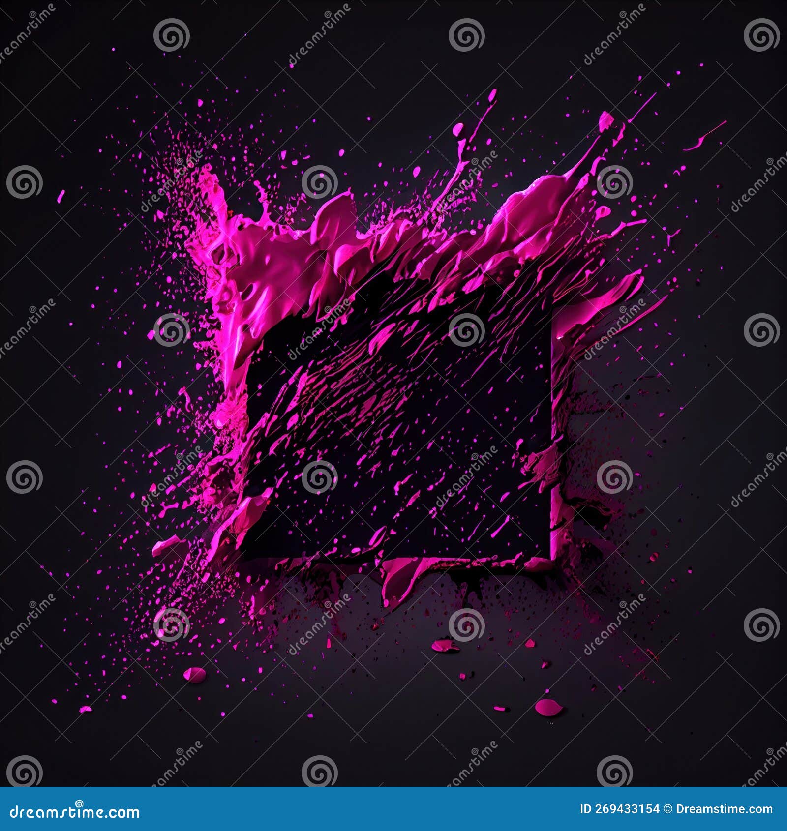 A Square Frame with Magenta Paint Splashes on Black Background. Stock ...