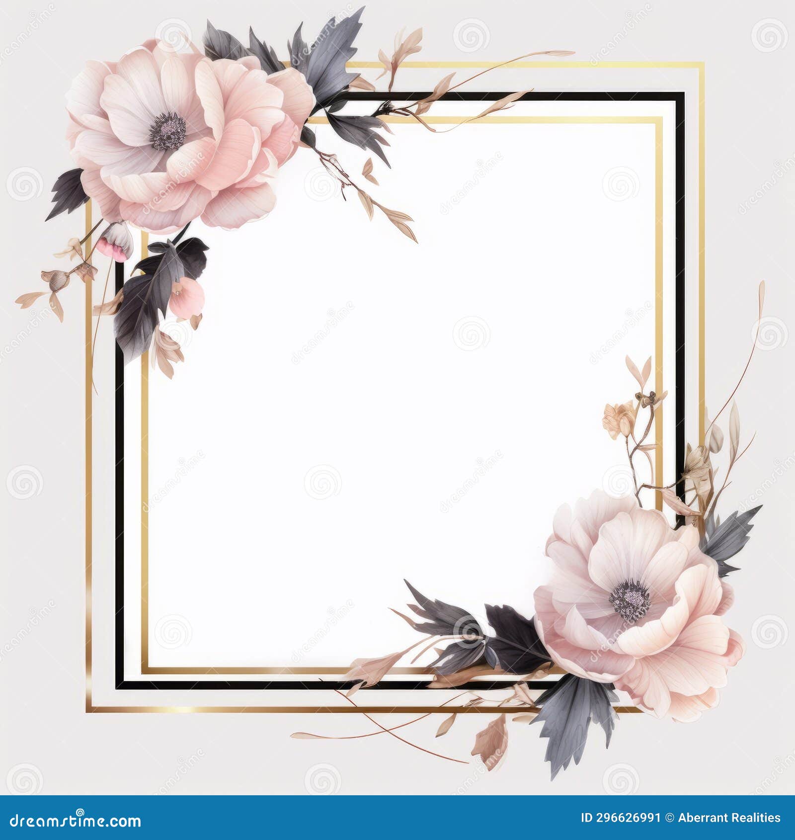 A Square Frame with Pink Flowers and Leaves on a White Background Stock ...
