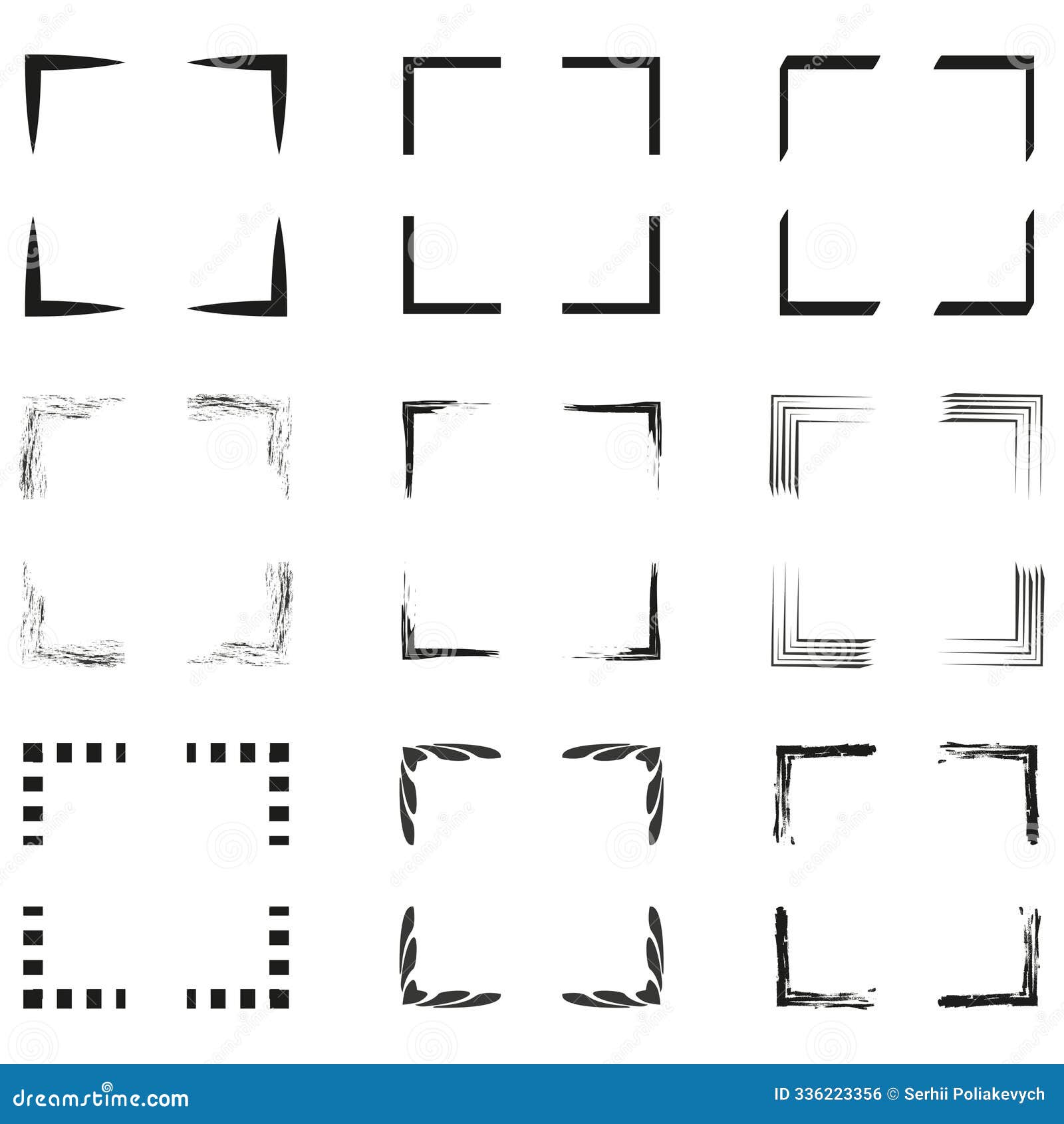 Square Frame Set. Decorative Corner Design. Rough Brush Edges. Minimal ...