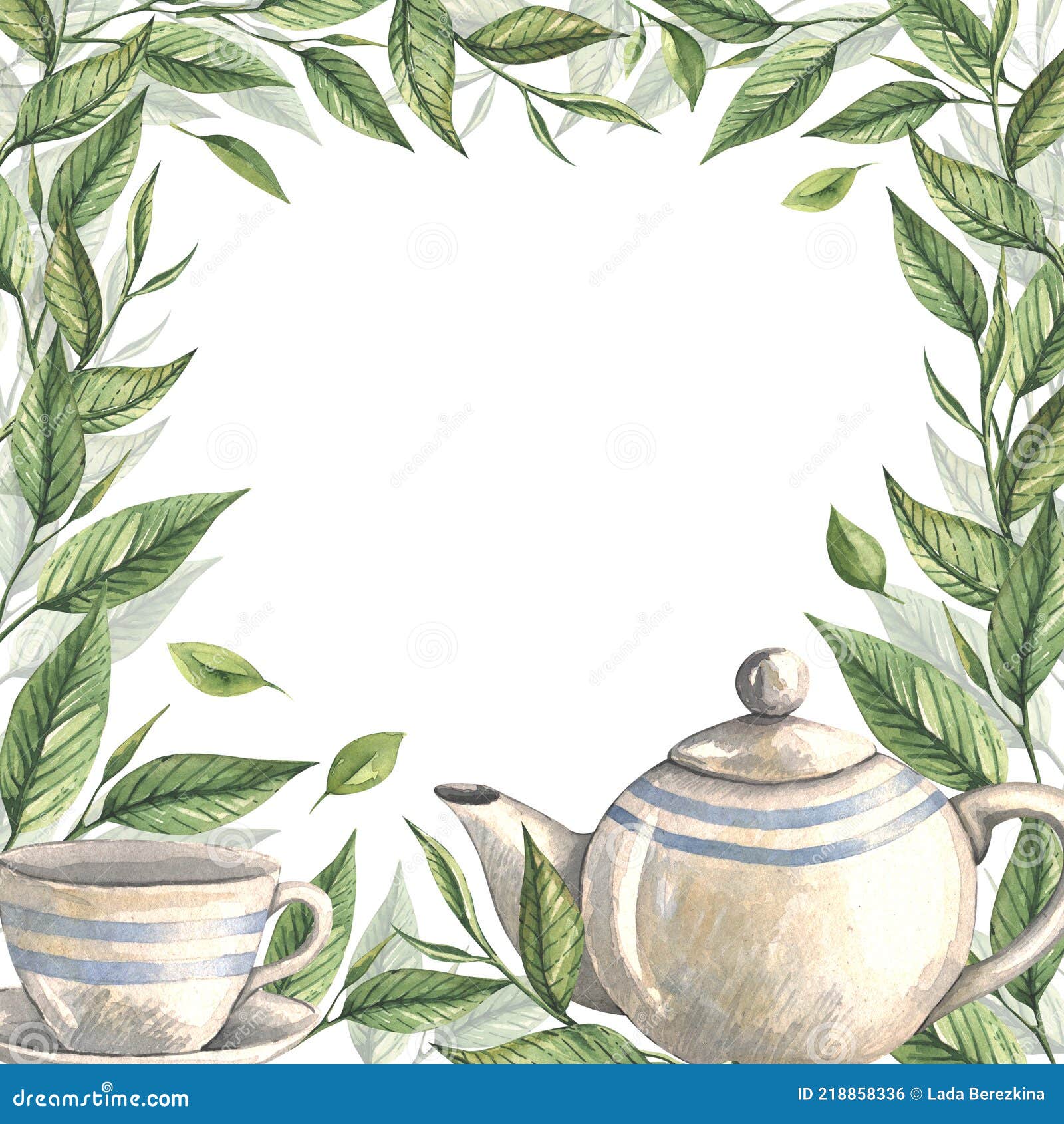 Square Frame with Teapot, Cup and Tea Leaves. Stock Illustration ...