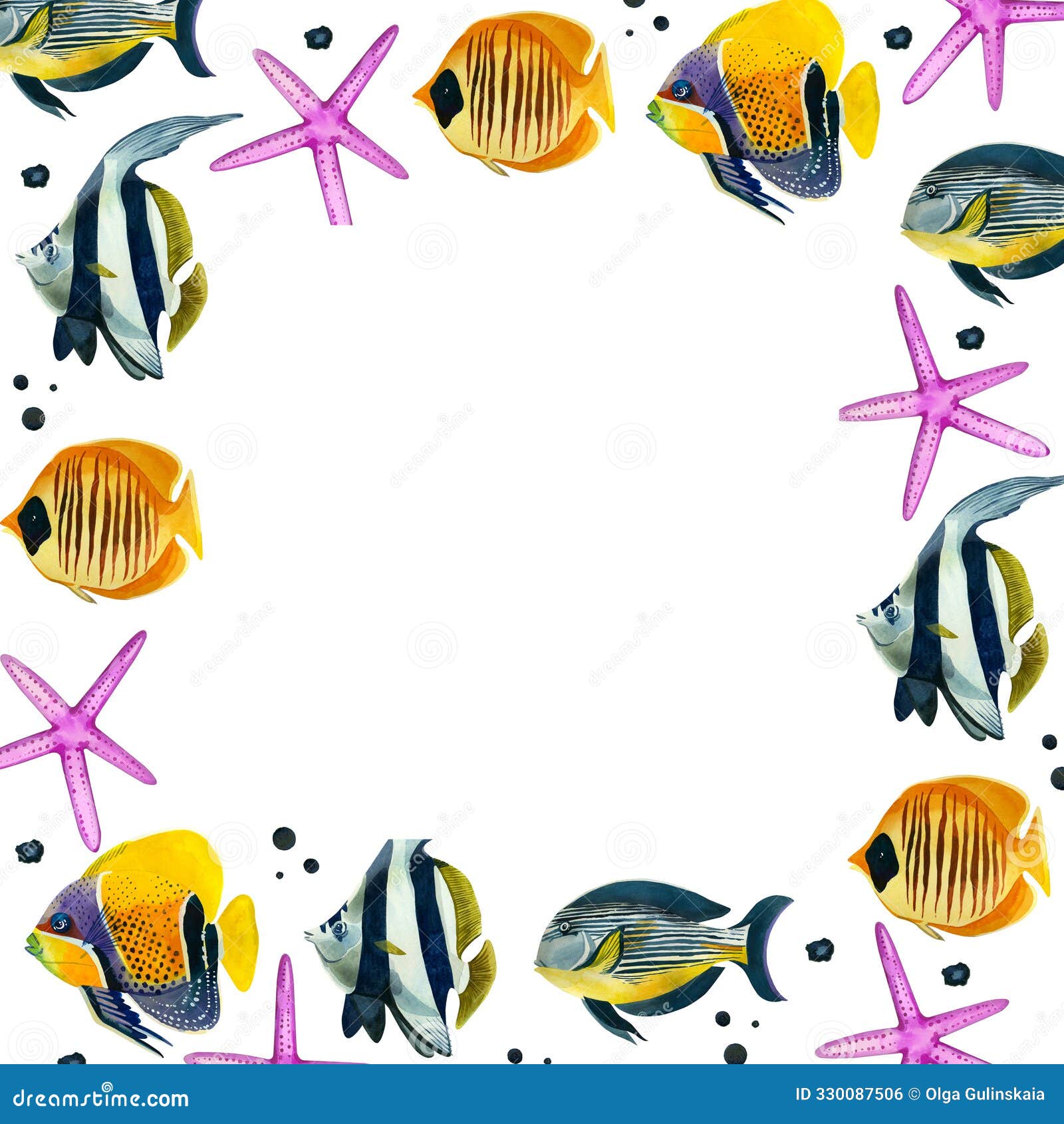 Square Frame. Tropical Fish of Bright Colors, Starfish and Drops on a ...
