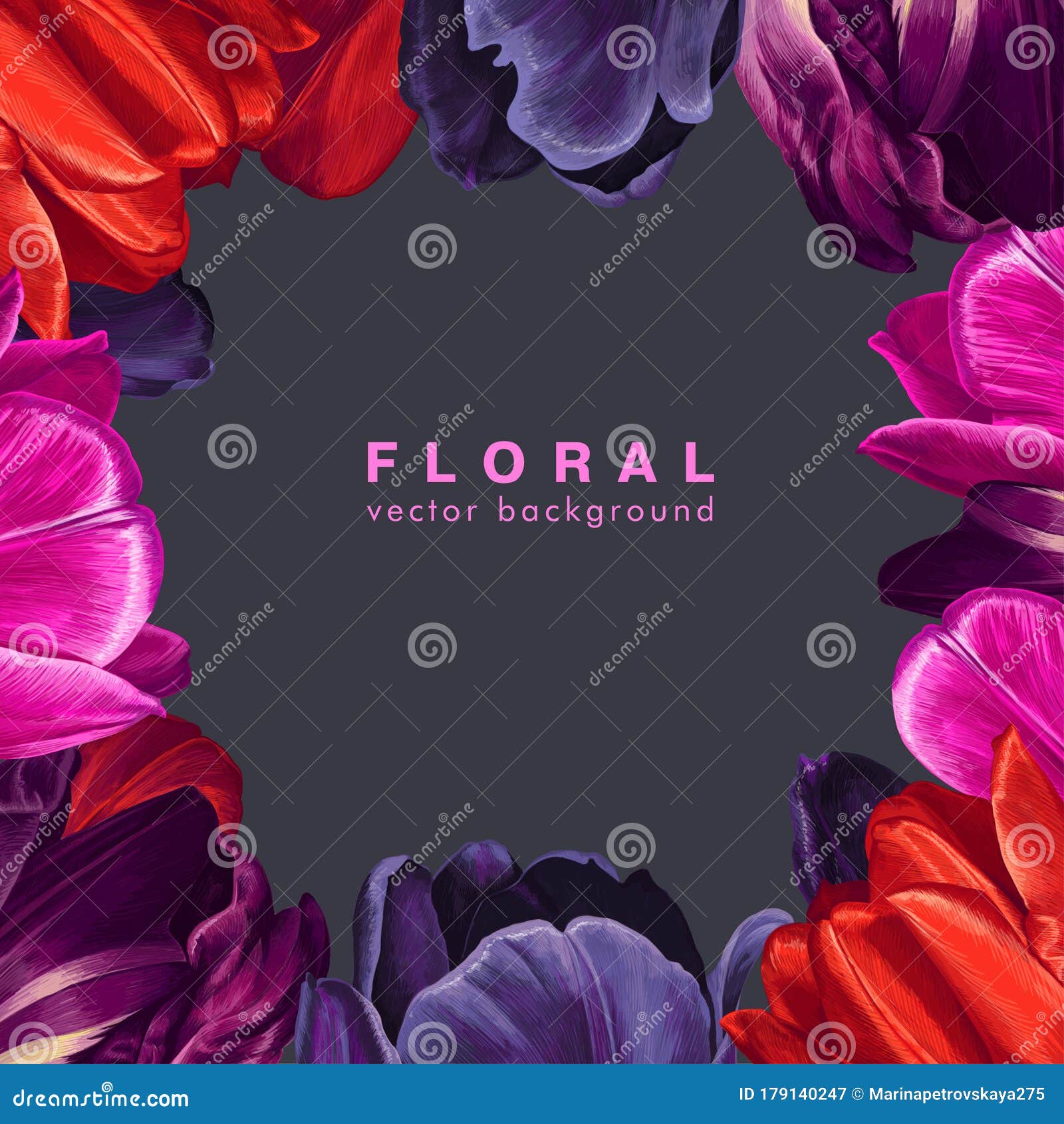 Floral Frame of Tulip Flowers, Multi-colored Tulips on Dark Background ...