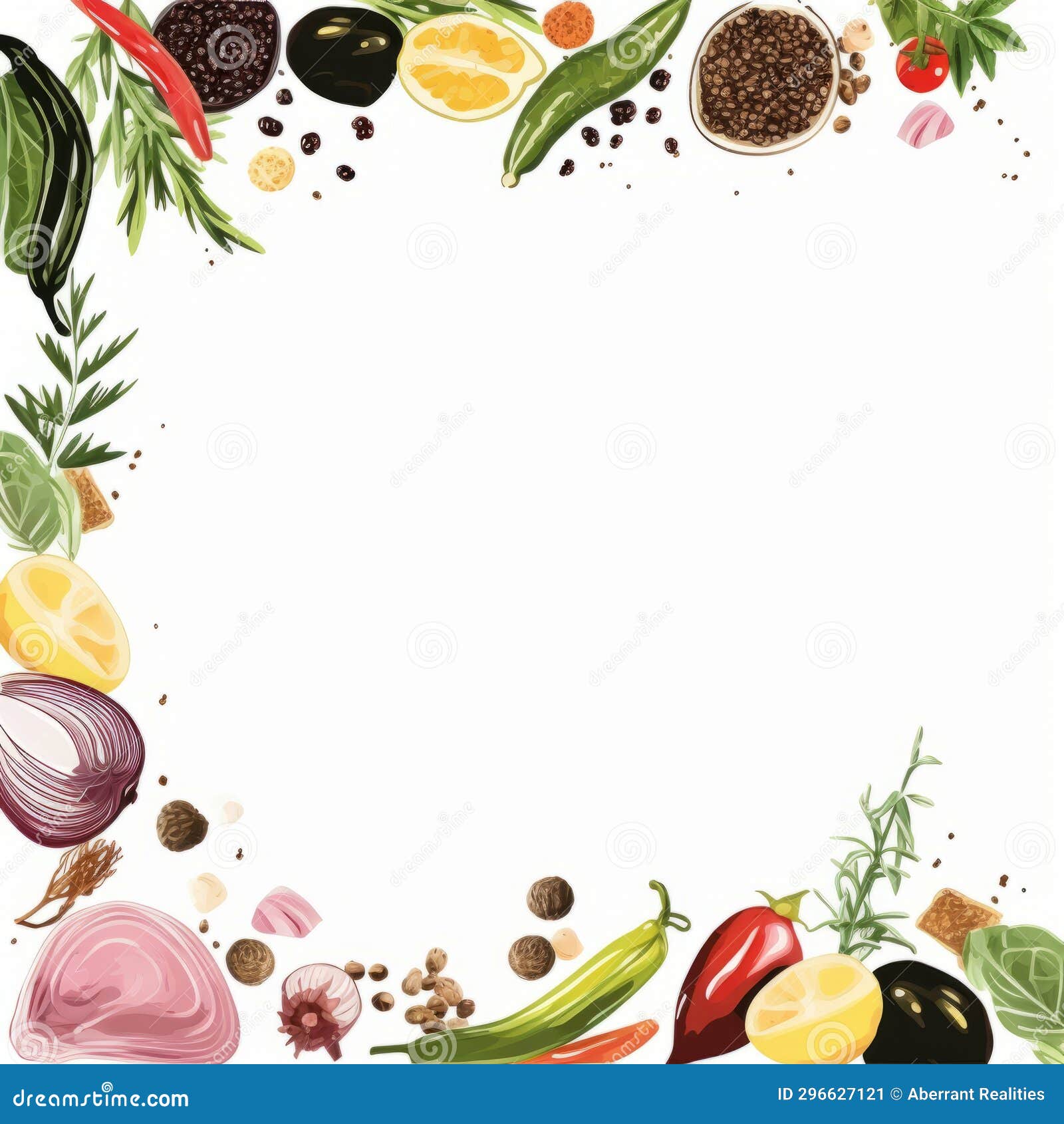 A Square Frame with Various Vegetables and Spices on a White Background ...