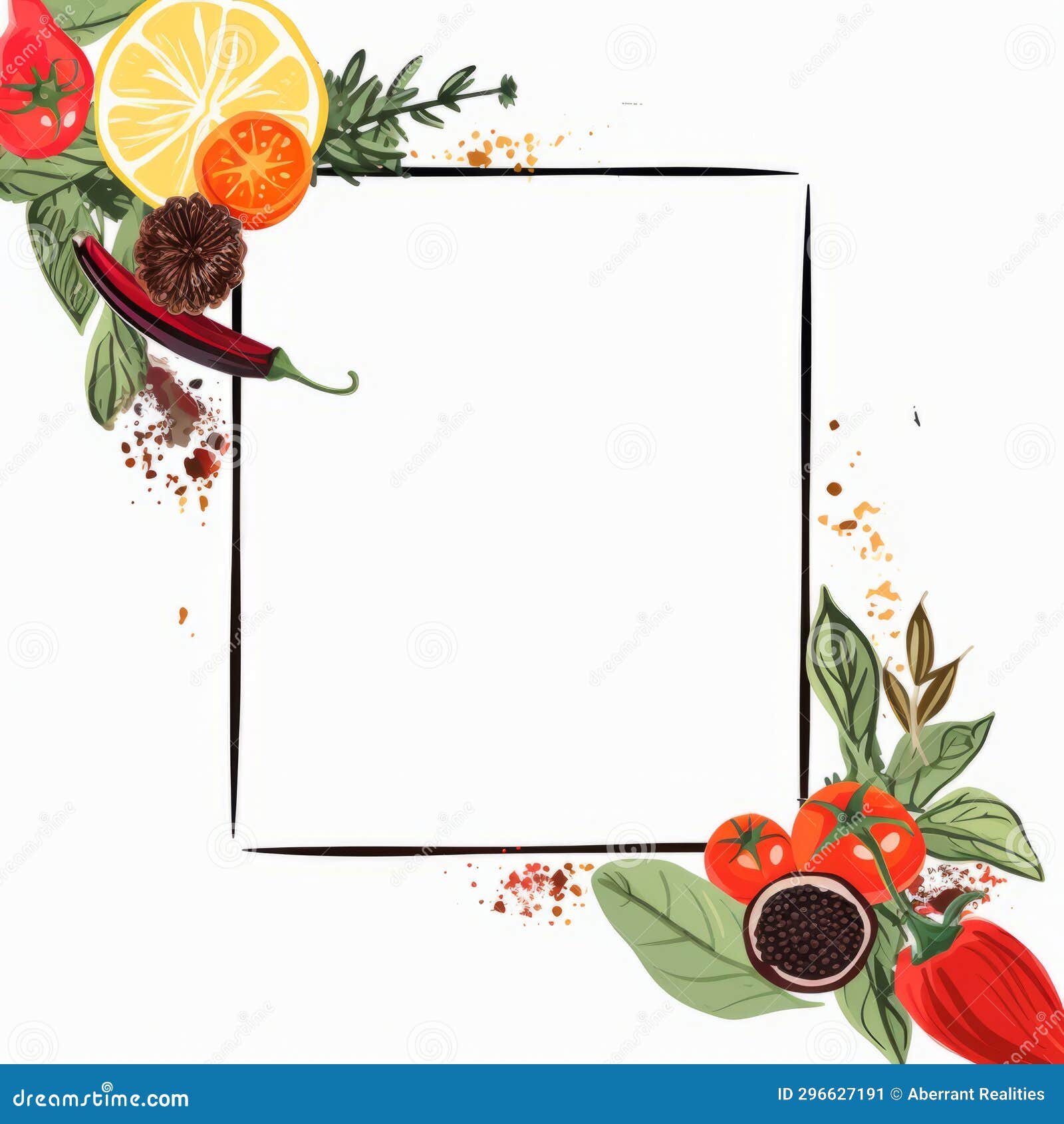 A Square Frame with Vegetables and Spices on a White Background Stock ...