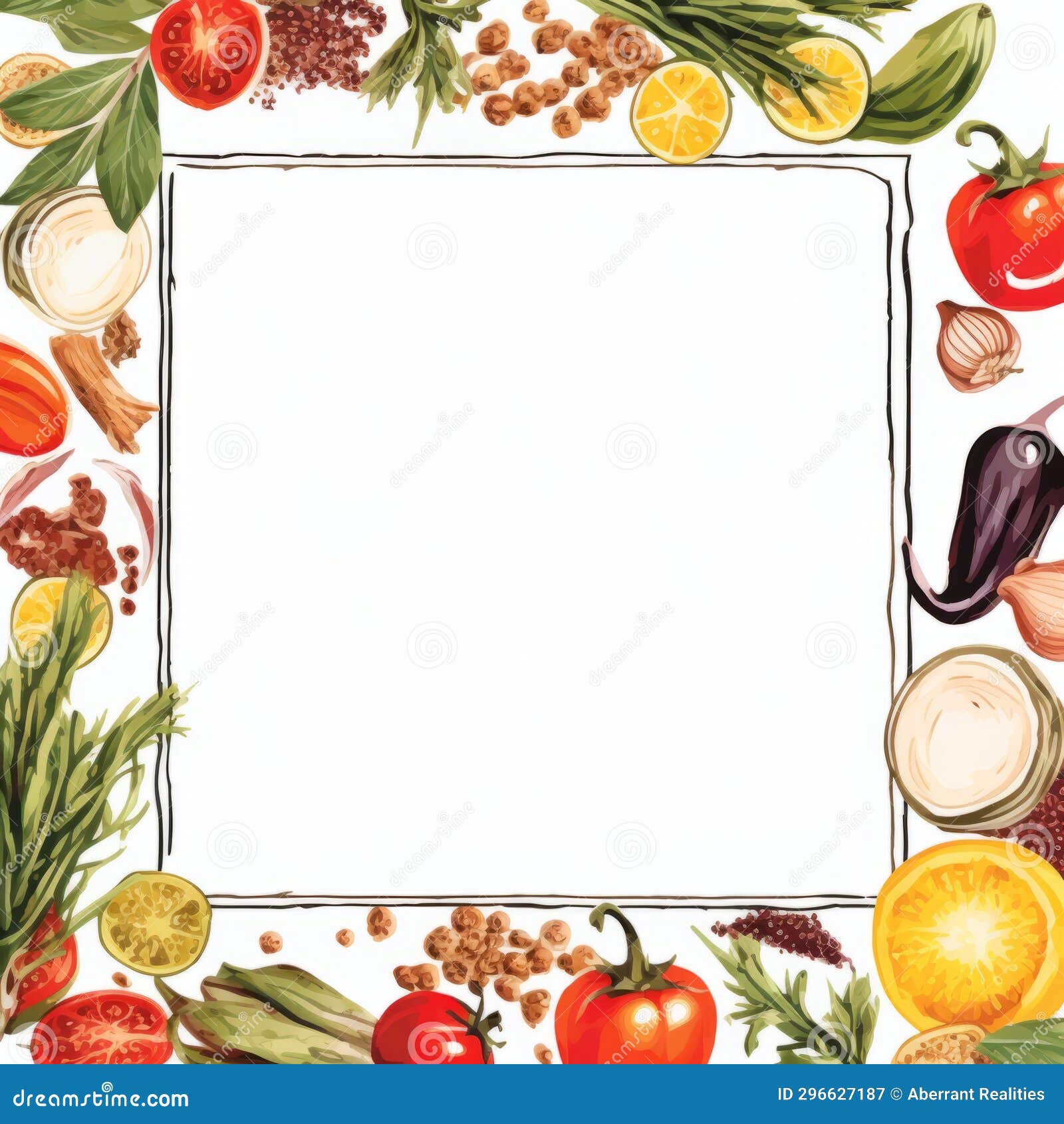 A Square Frame with Vegetables and Spices on a White Background Stock ...