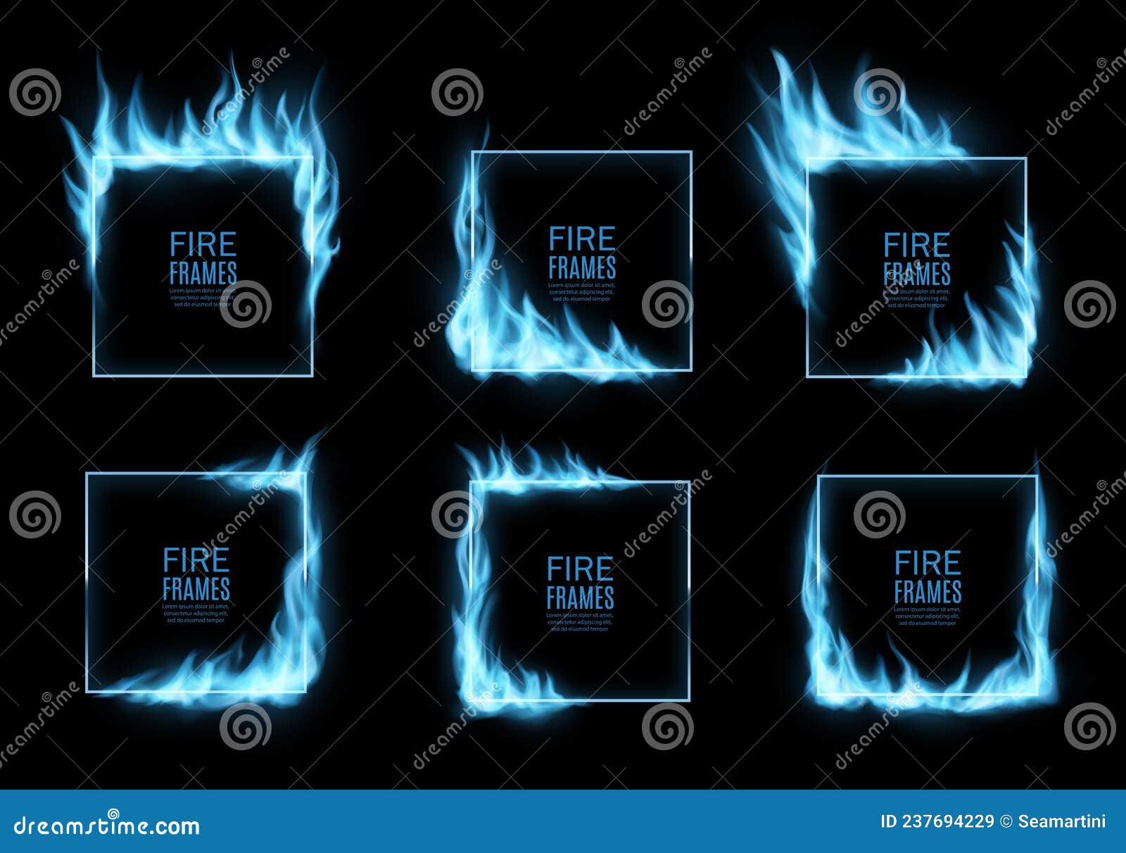 Square Frames of Blue Gas with Fire Flames Borders Stock Vector ...