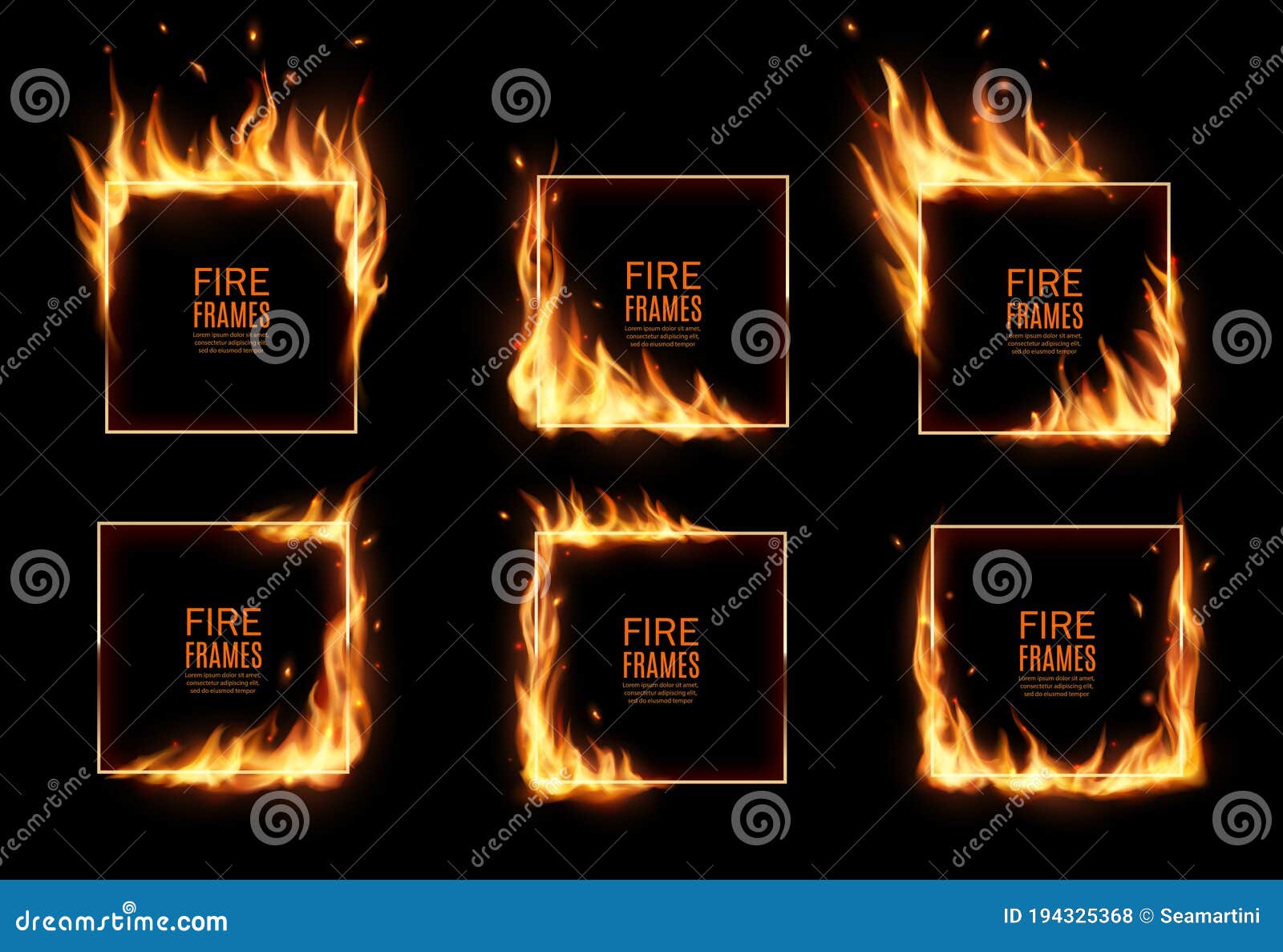 Square Frames in Fire, Vector Burning Borders Set Stock Vector ...