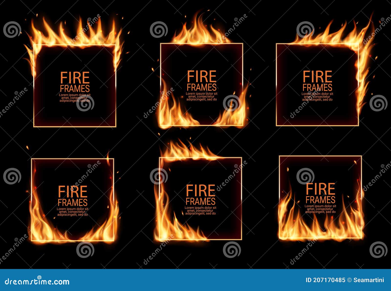 Square Frames in Fire, Vector Burning Borders Set Stock Illustration ...