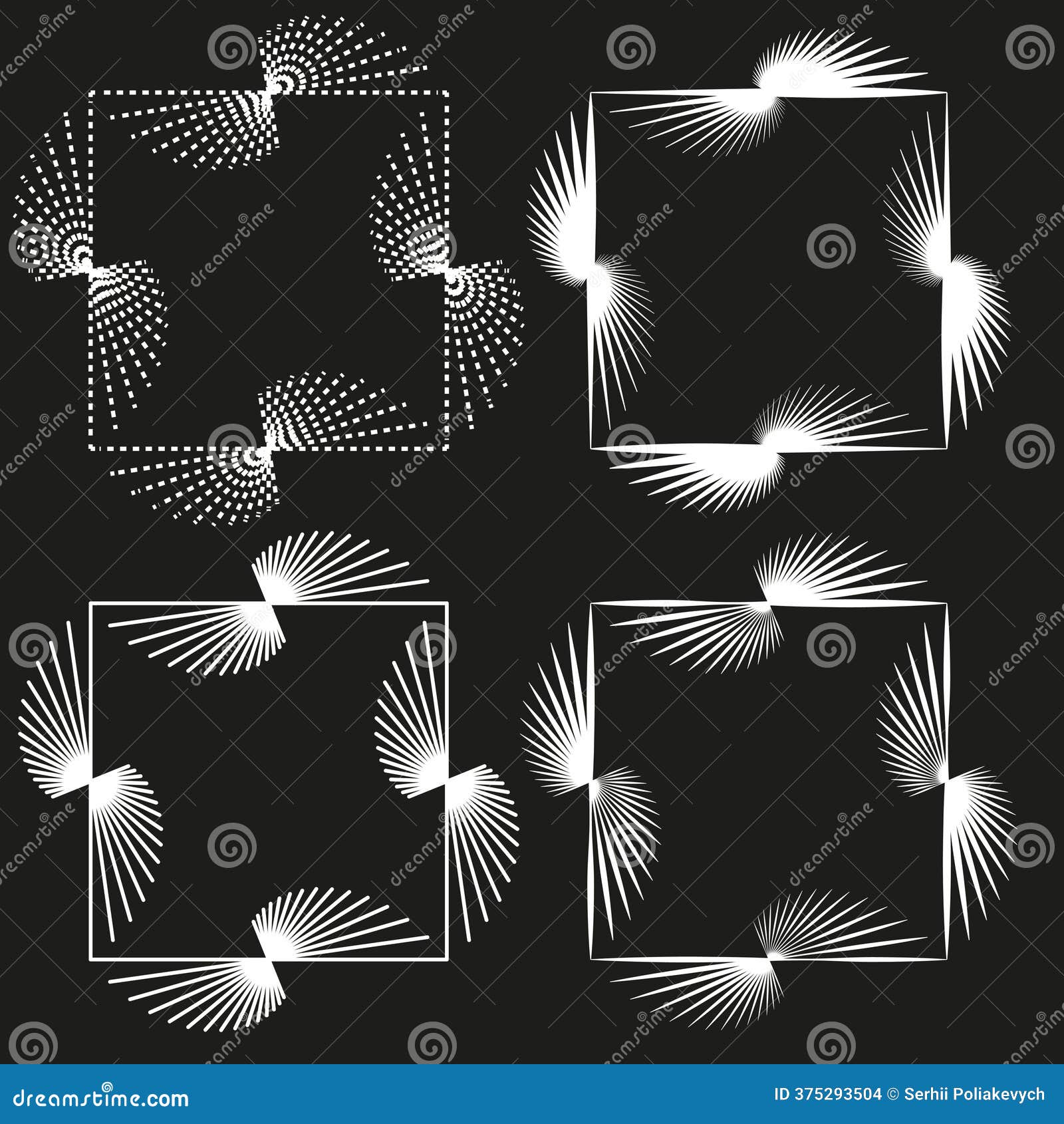 Square Frames With Rays. Vector Radial Patterns. White On Black ...