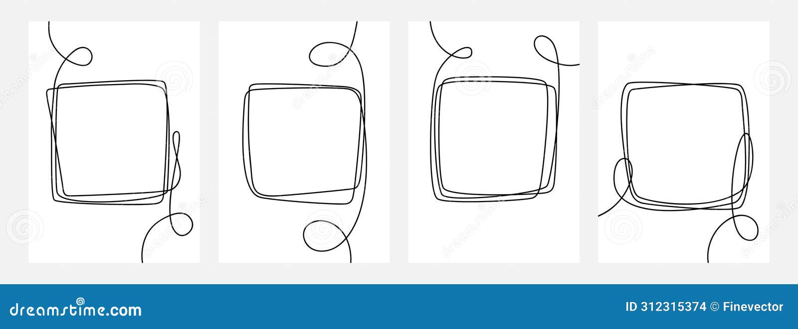 Square Frames Set. Line Art. Continuous Black Line. Hand Drawn Sketch ...