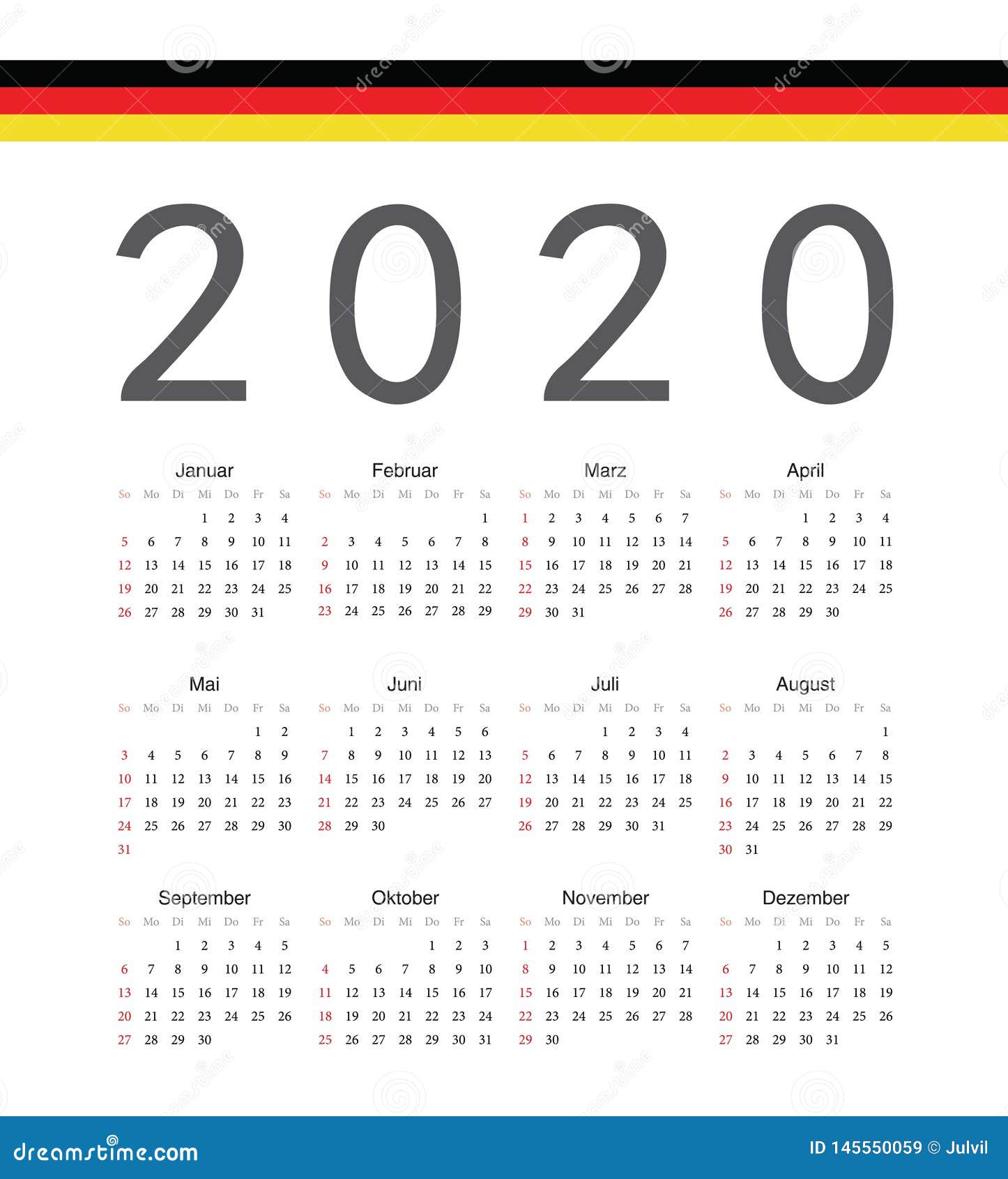 Square German 2020 Year Vector Calendar Stock Vector - Illustration of ...