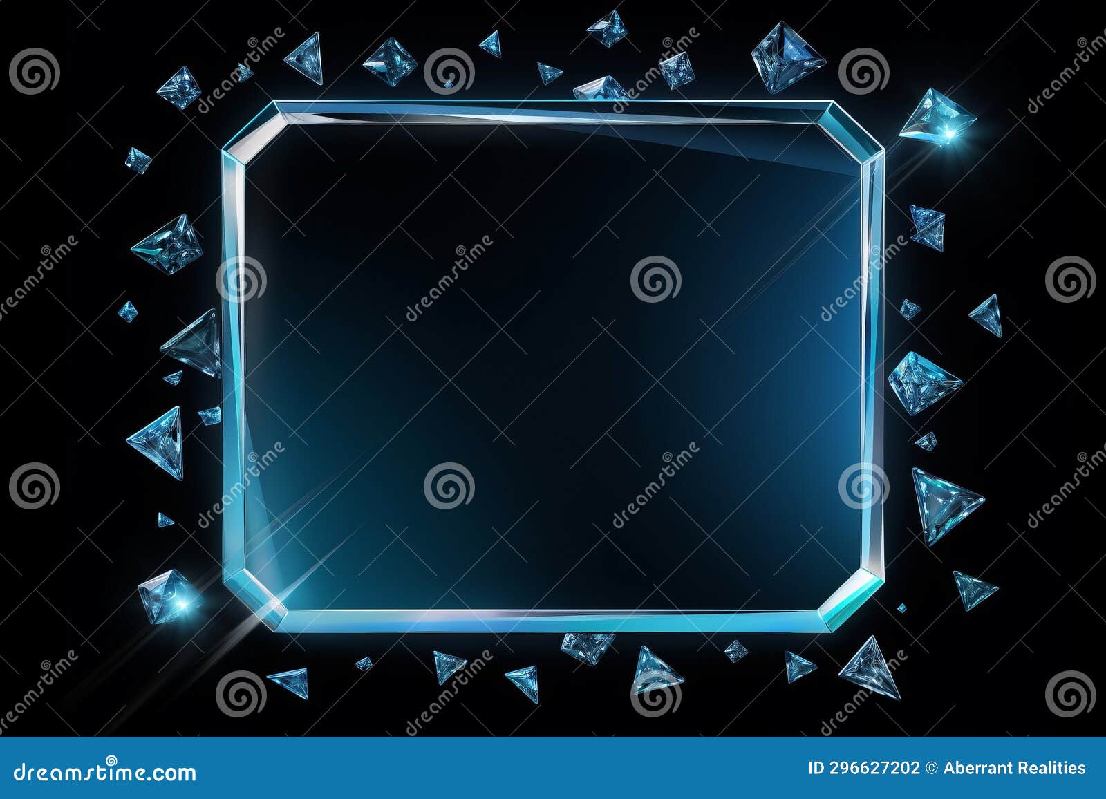 A Square Glass Frame with Blue Crystals on a Black Background Stock ...