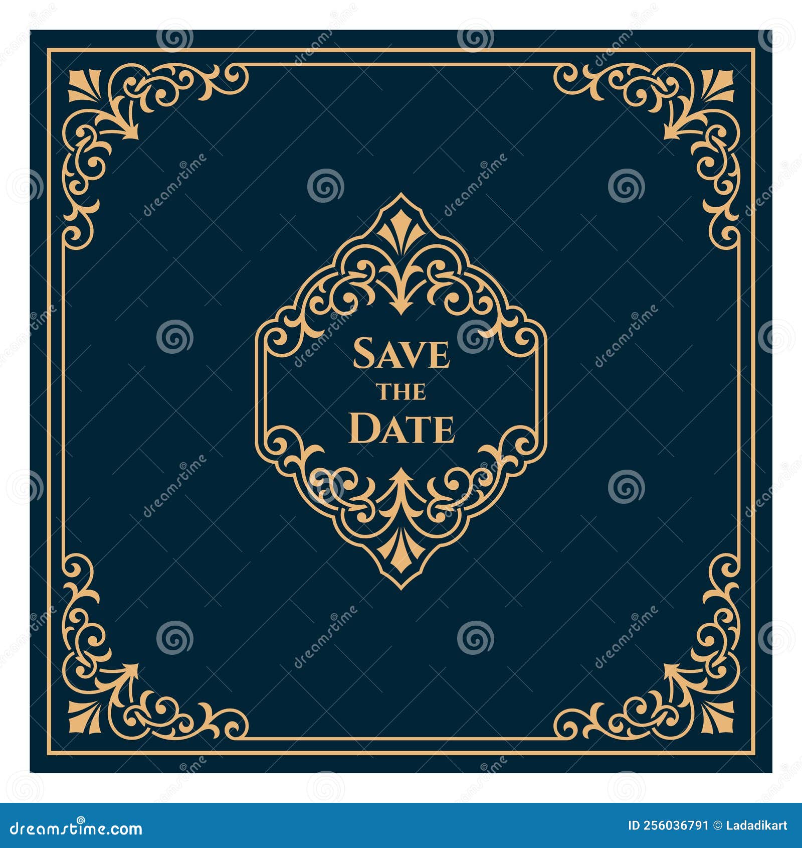 Square Invitation Card Template. Golden Decorative Foliage Border Stock ...