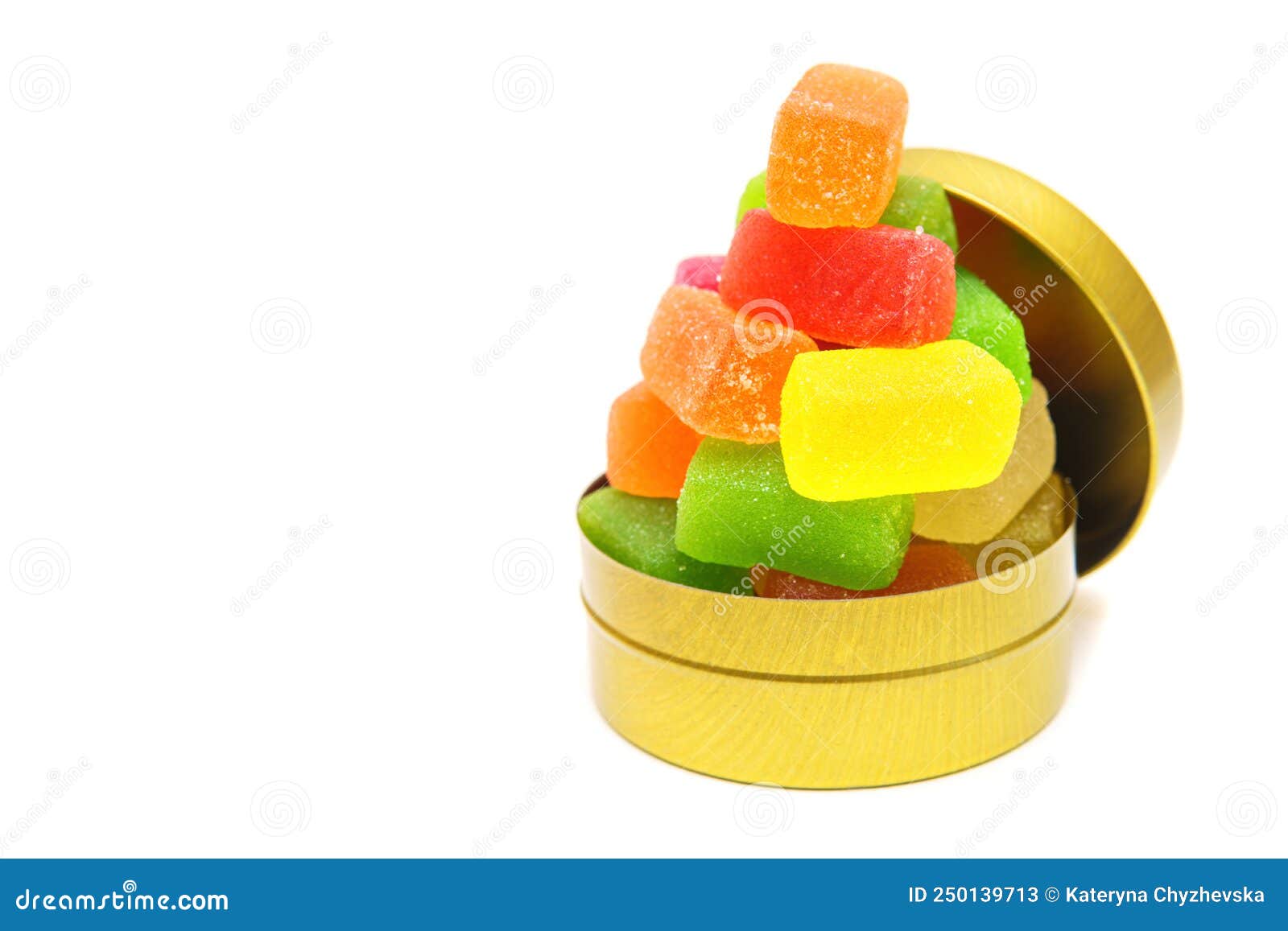 Square Jelly Cubes in a Round Candy Box on White Stock Image - Image of ...