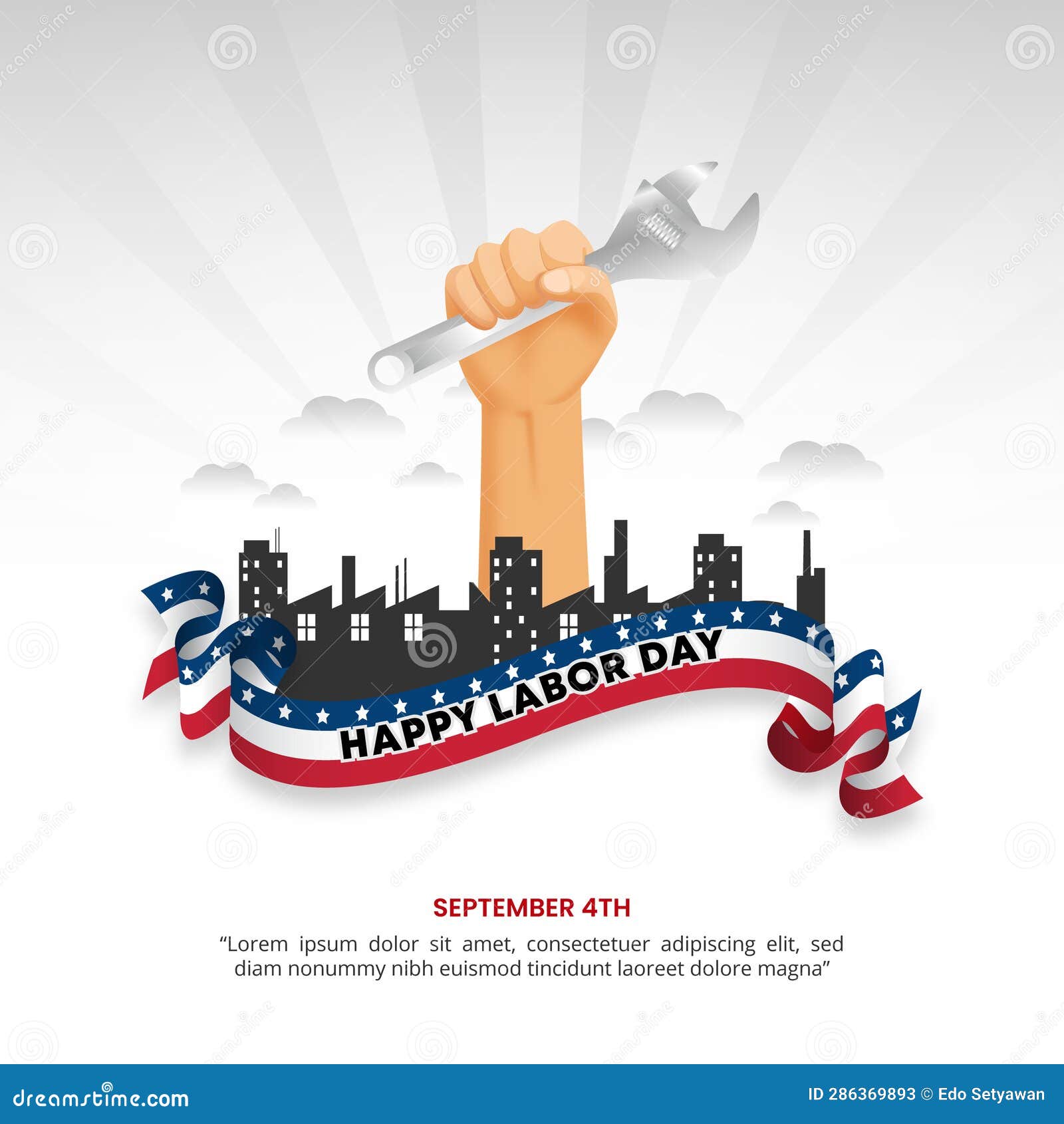 Square Labor Day Background with a Raised Hand with a Tool Stock ...