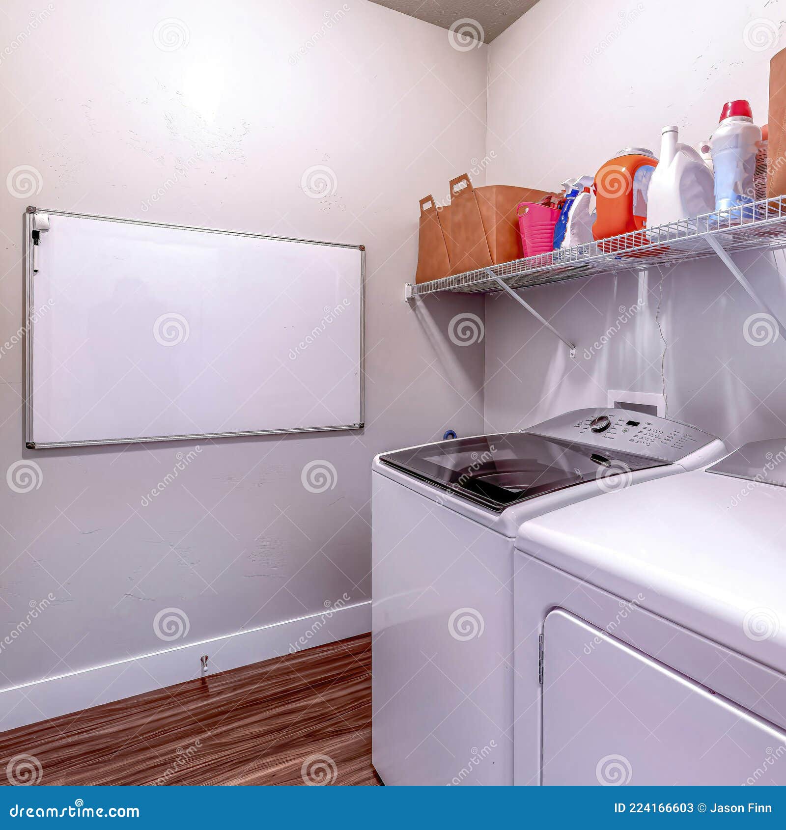Square Laundry Room with Washing Machine and Dryer Under Detergents and ...
