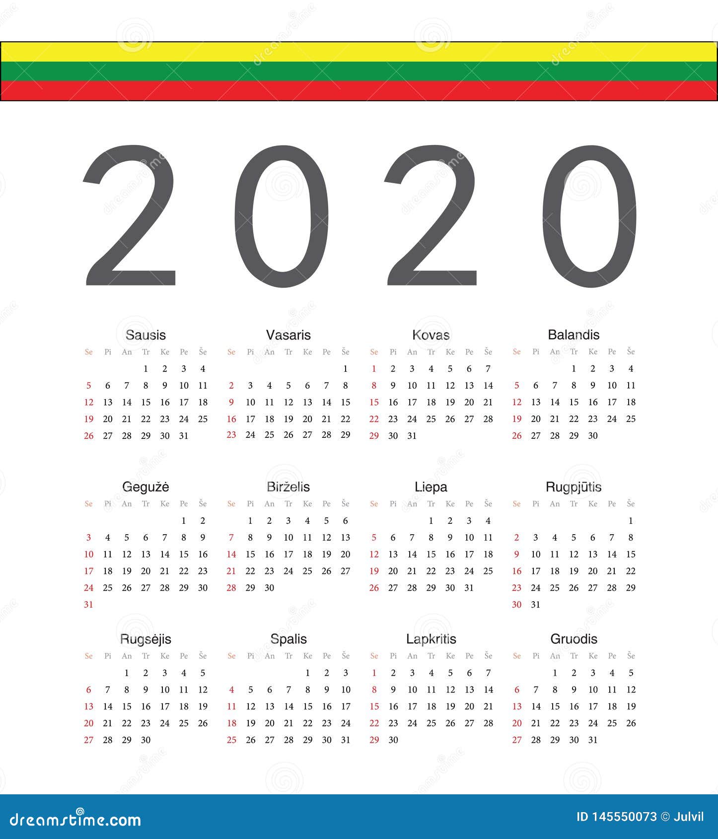 Square Lithuanian 2020 Year Vector Calendar Stock Vector - Illustration ...